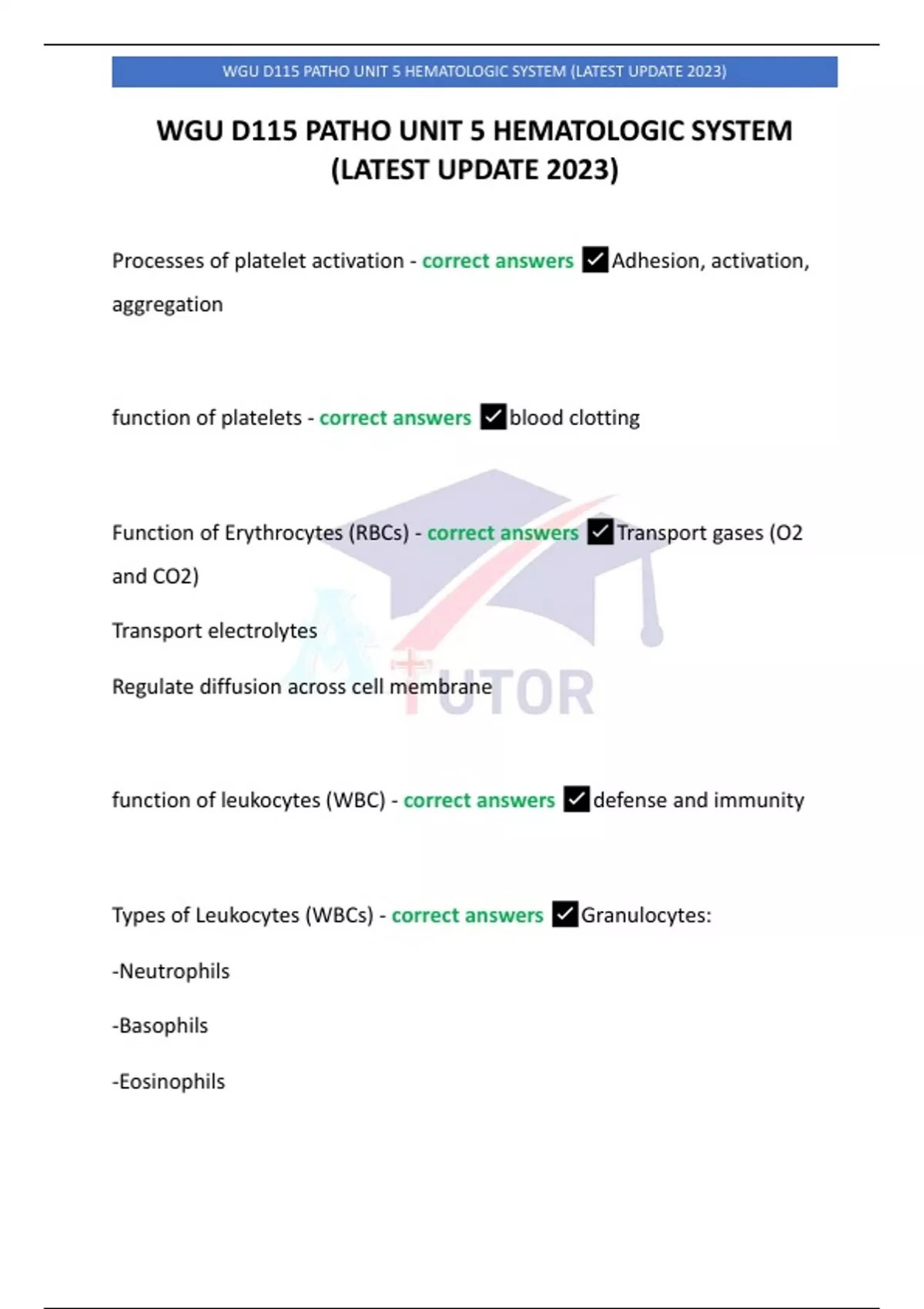 WGU D115 PATHO UNIT 5 HEMATOLOGIC SYSTEM (LATEST UPDATE 2023).pdf - Wgu ...