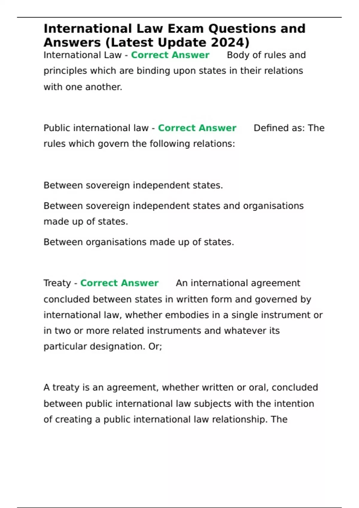 Summary International Law Exam Questions and Answers (Latest Update ...