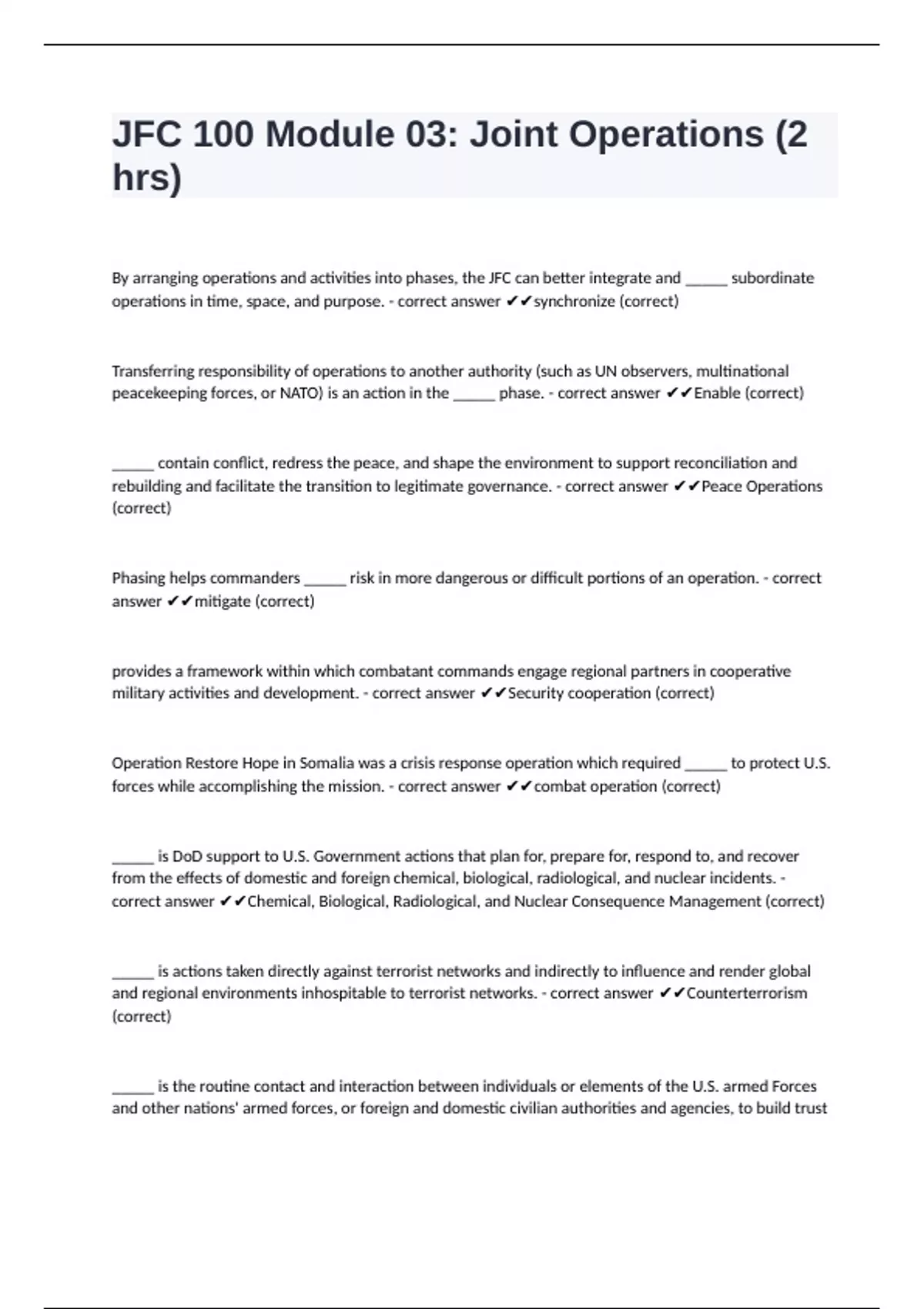 JFC 100 Module 03: Joint Operations (2 hrs) with complete solutions - Jfc - Stuvia US