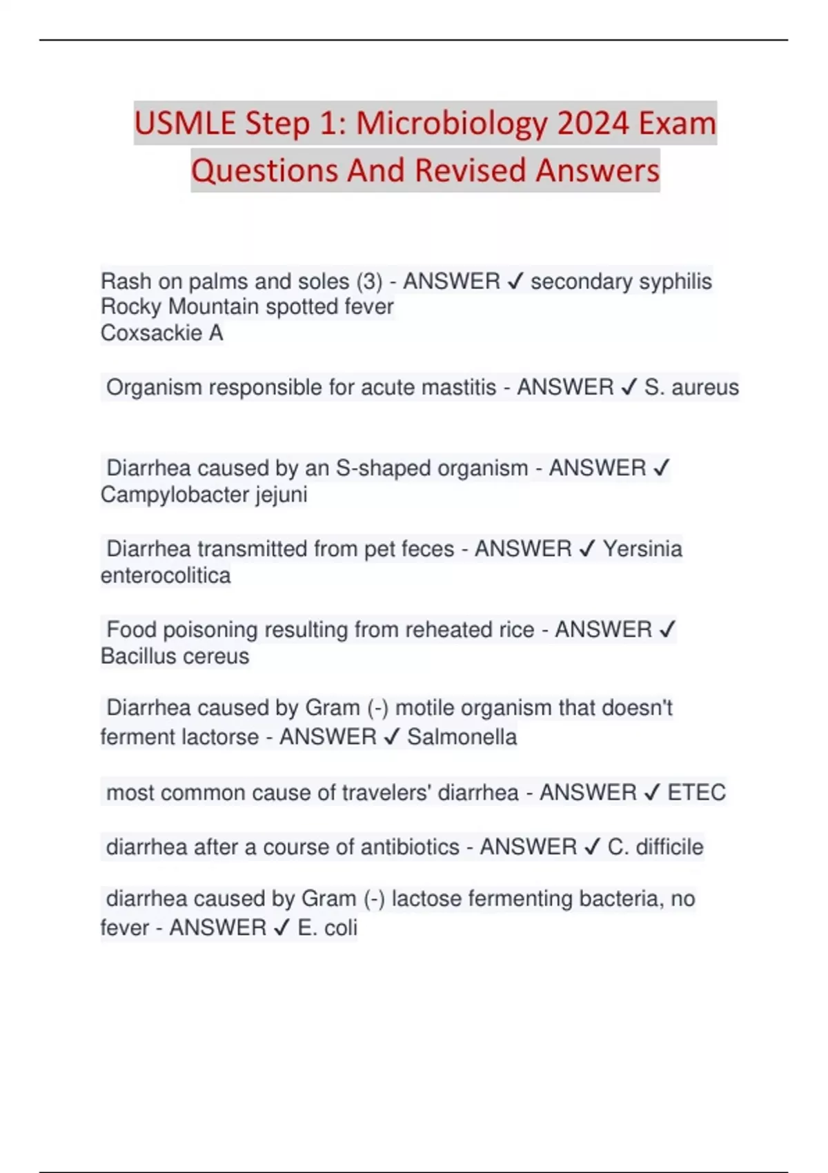 USMLE Step 1: Microbiology 2024 Exam Questions And Revised Answers ...