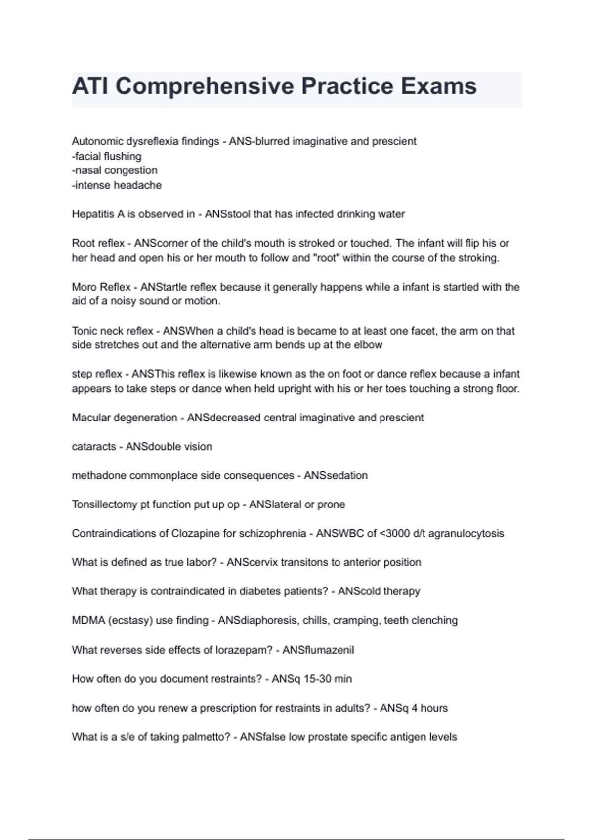 ATI Comprehensive Practice Exams QUESTIONS AND ANSWERS GRADED A+ 2024/ ...