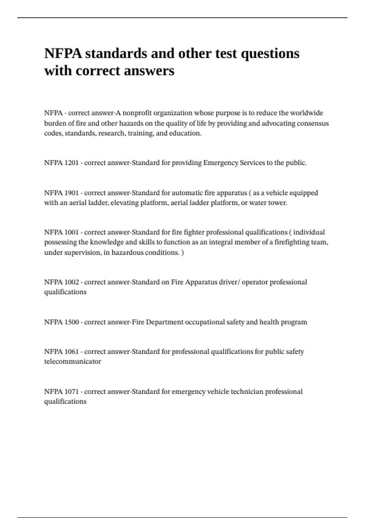 NFPA standards and other test questions with correct answers - NFPA ...