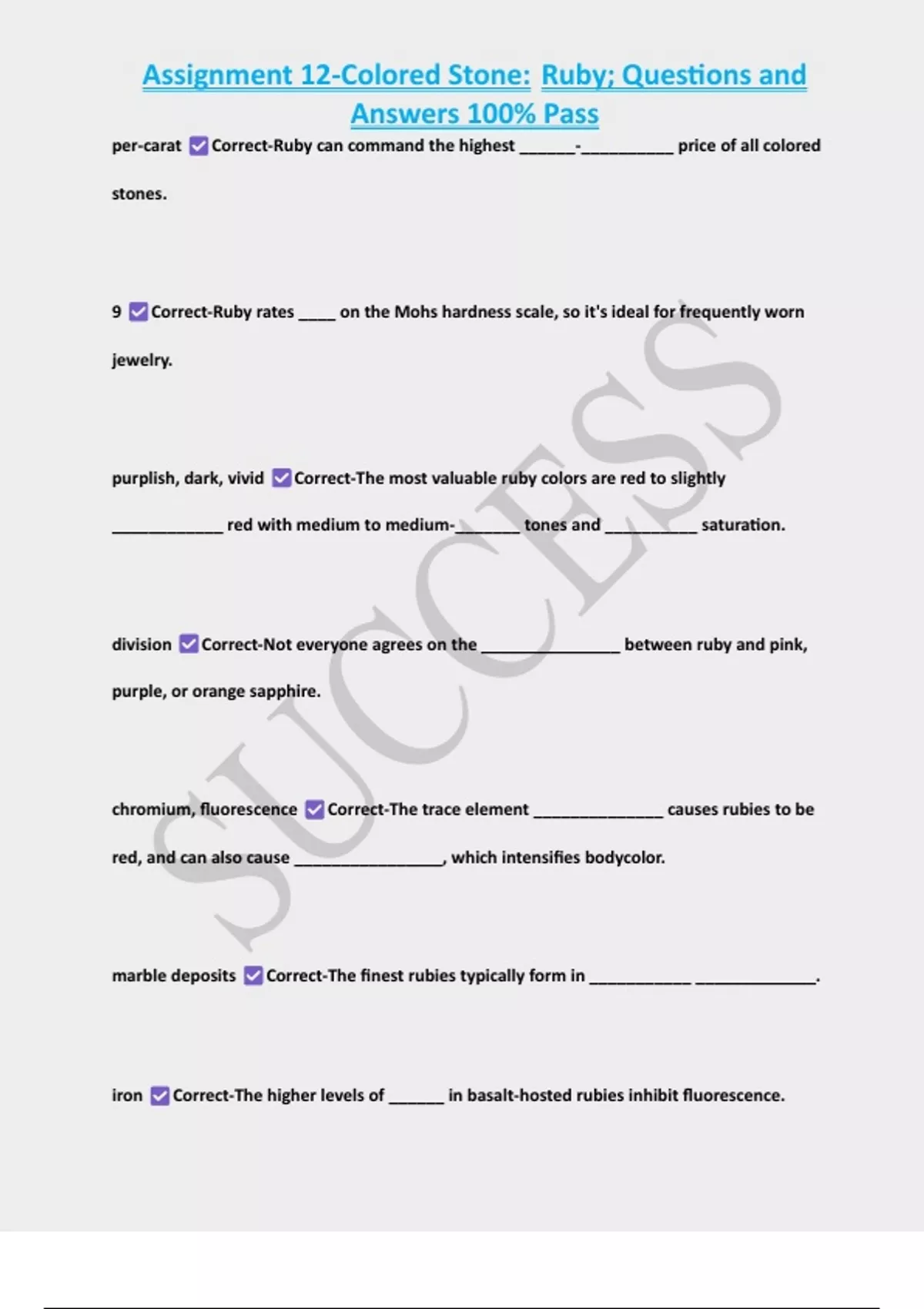 Assignment 12-Colored Stone: Ruby; Questions and Answers 100% Pass - GIA COLORED STONE - Stuvia US