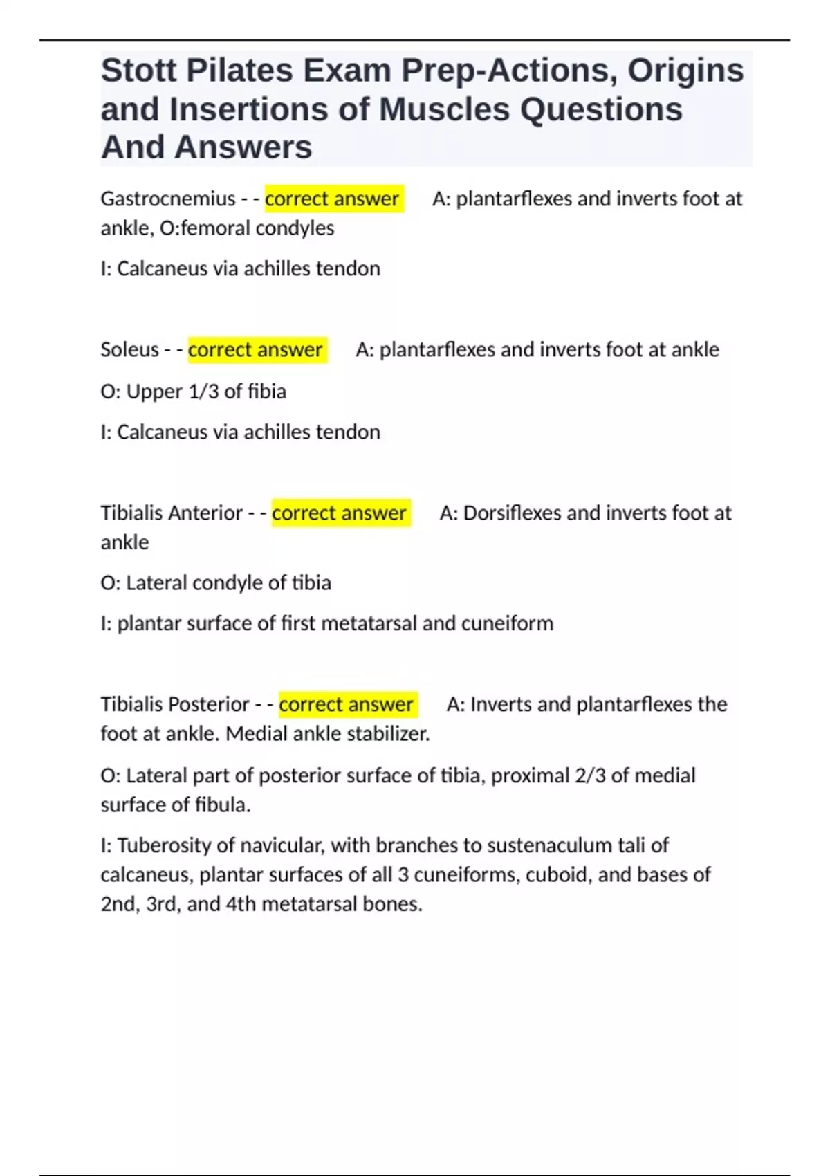 Stott Pilates Exam Prep-Actions, Origins and Insertions of Muscles ...