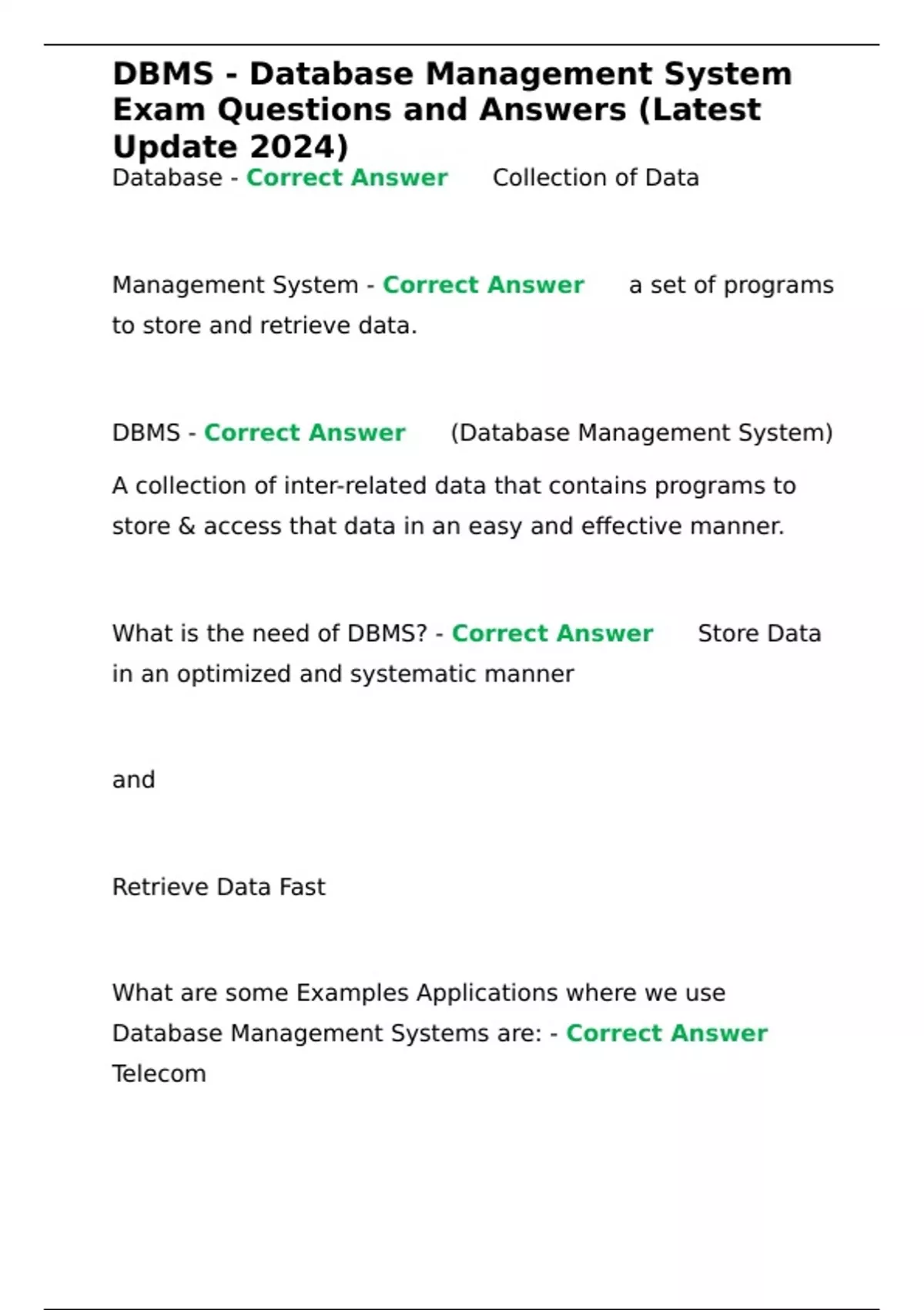 DBMS - Database Management System Exam Questions and Answers (Latest ...