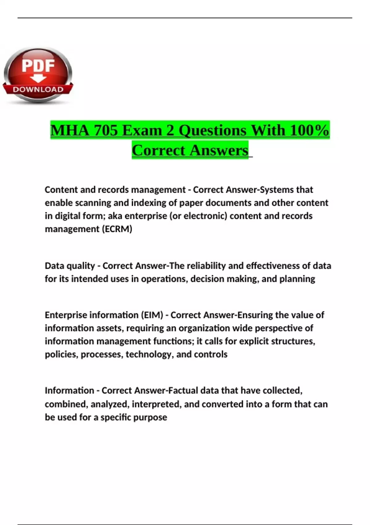 MHA 705 Exam 2 Questions With 100% Correct Answers 2024 - MHA 705 - Stuvia US