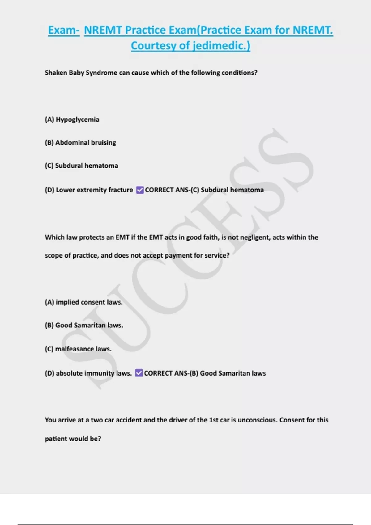 Exam- NREMT Practice Exam(Practice Exam for NREMT. Courtesy of ...