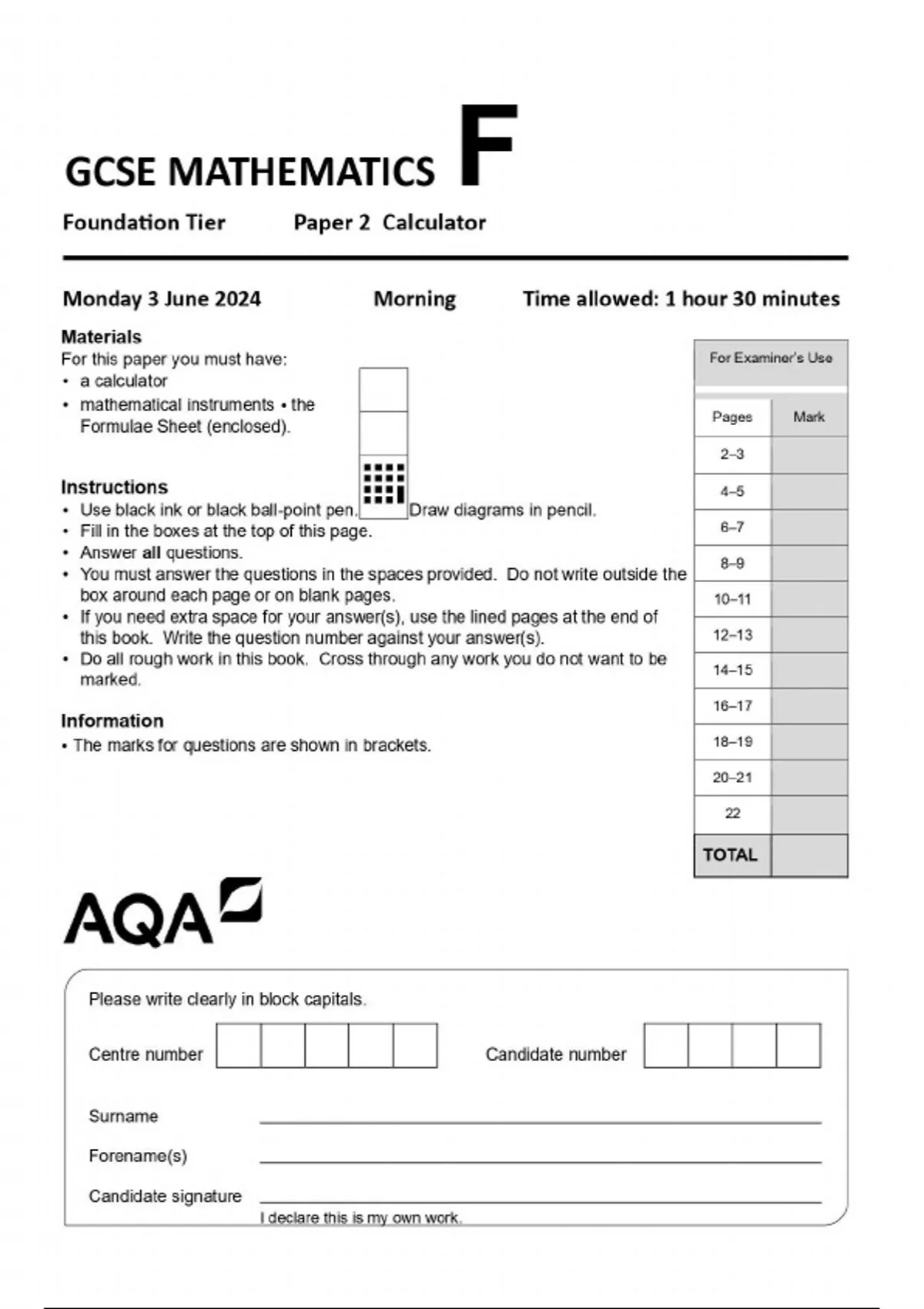 GCSE AQA 2024 MATHEMATICS FOUNDATION TIER Paper 2 QP - GCSE - Stuvia US