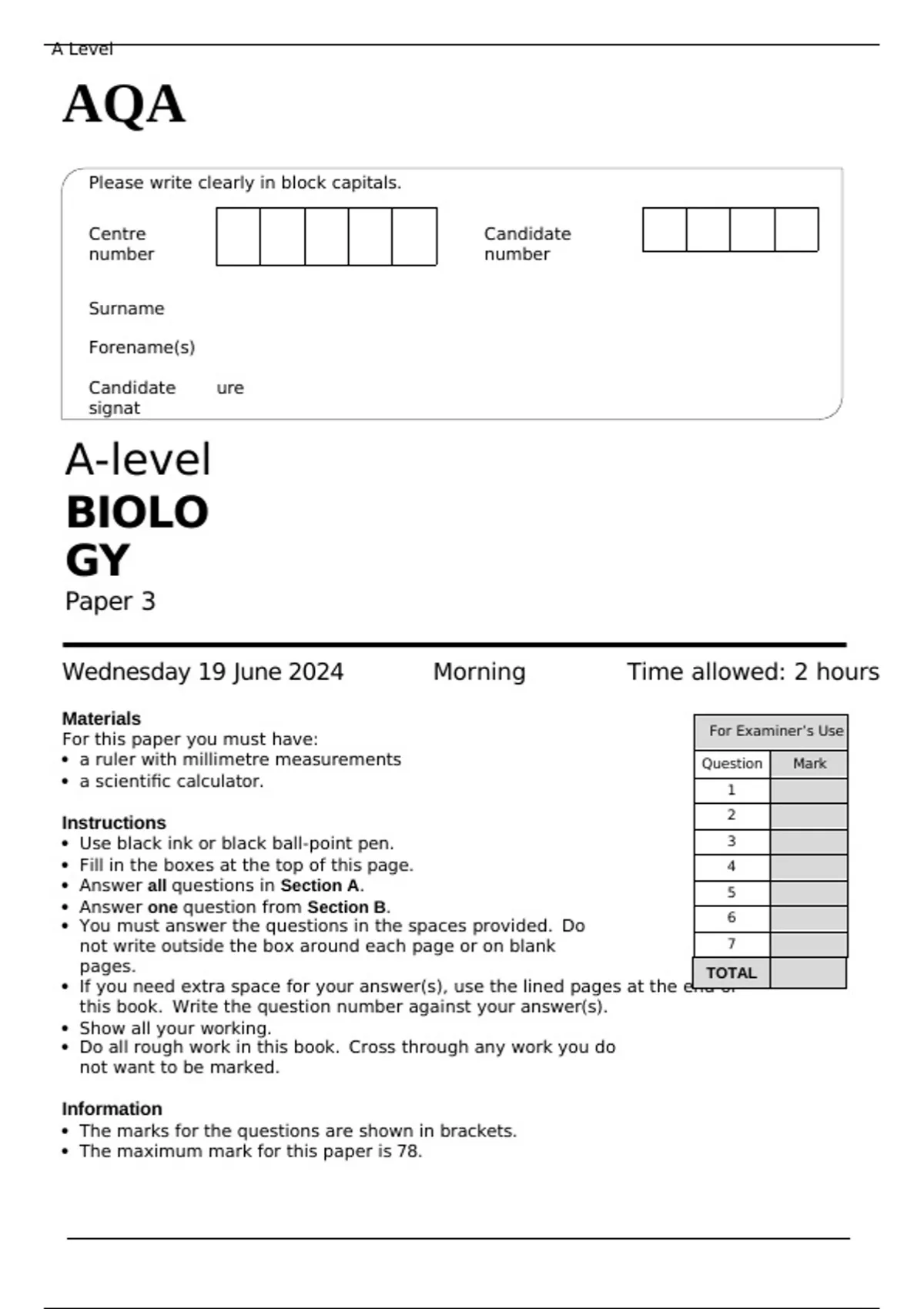 AQA A-level BIOLOGY Paper 1, 2 and 3 JUNE 2024 QUESTION PAPERS and MARK ...
