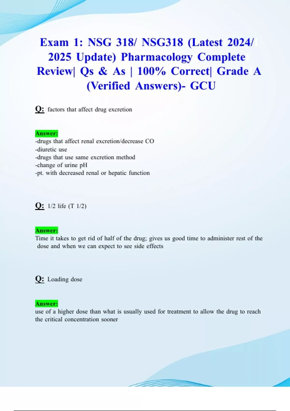 Exam 1: NSG 318/ NSG318 (Latest 2024/ 2025 Update) Pharmacology ...