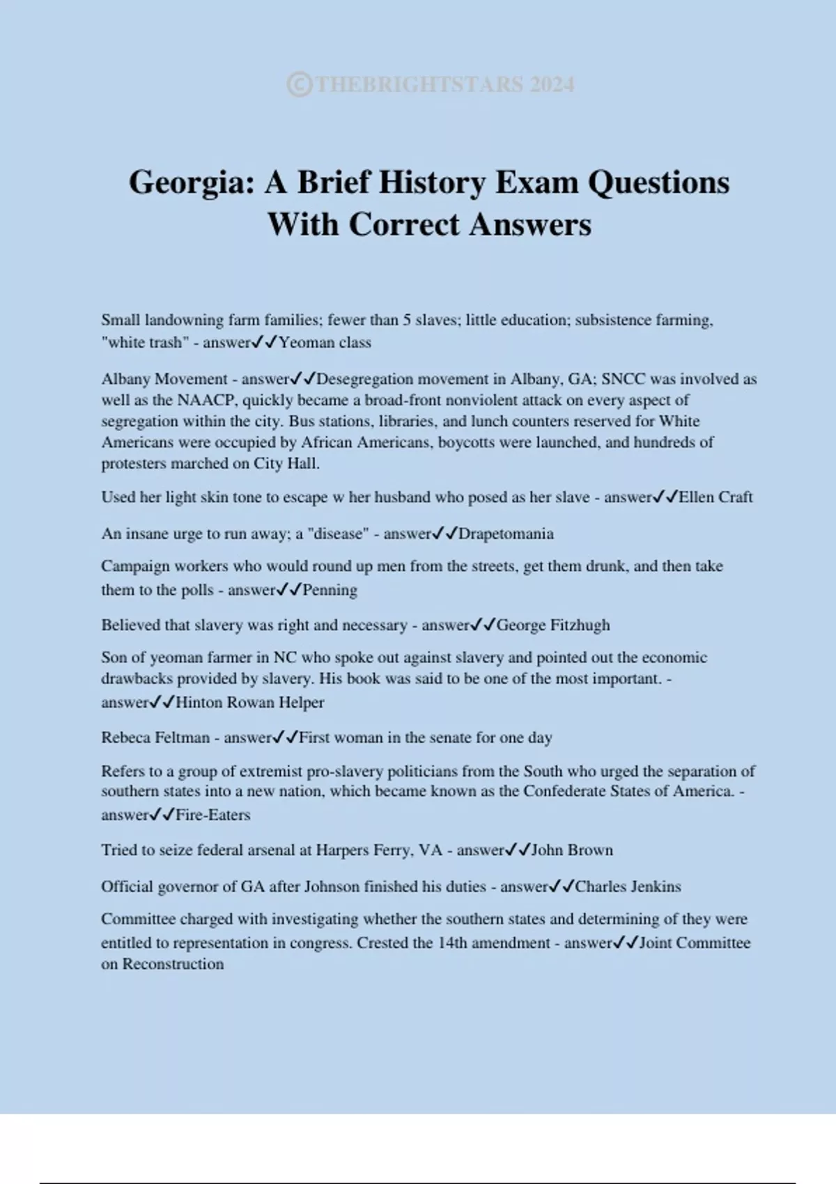 Georgia: A Brief History Exam Questions With Correct Answers - Georgia ...