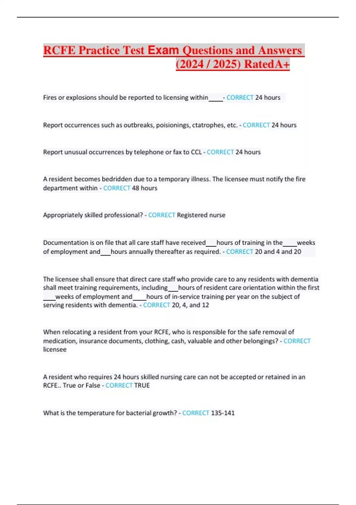 RCFE Practice Test Exam Questions and Answers (2024 / 2025) Rated A+ ...