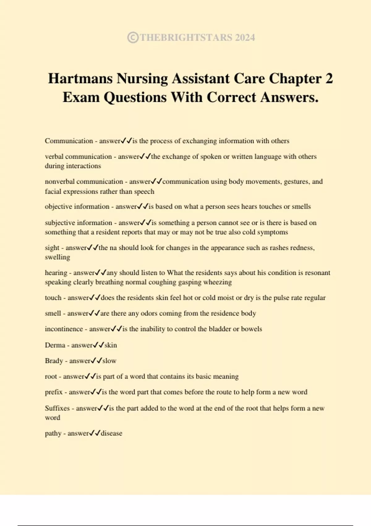 Hartmans Nursing Assistant Care Chapter 2 Exam Questions With Correct ...
