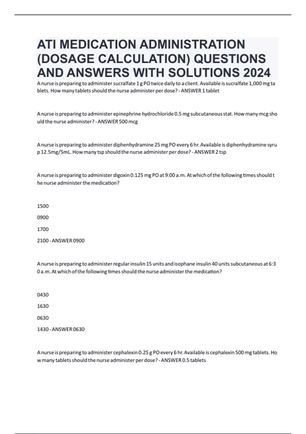 ATI MEDICATION ADMINISTRATION (DOSAGE CALCULATION) QUESTIONS AND ...