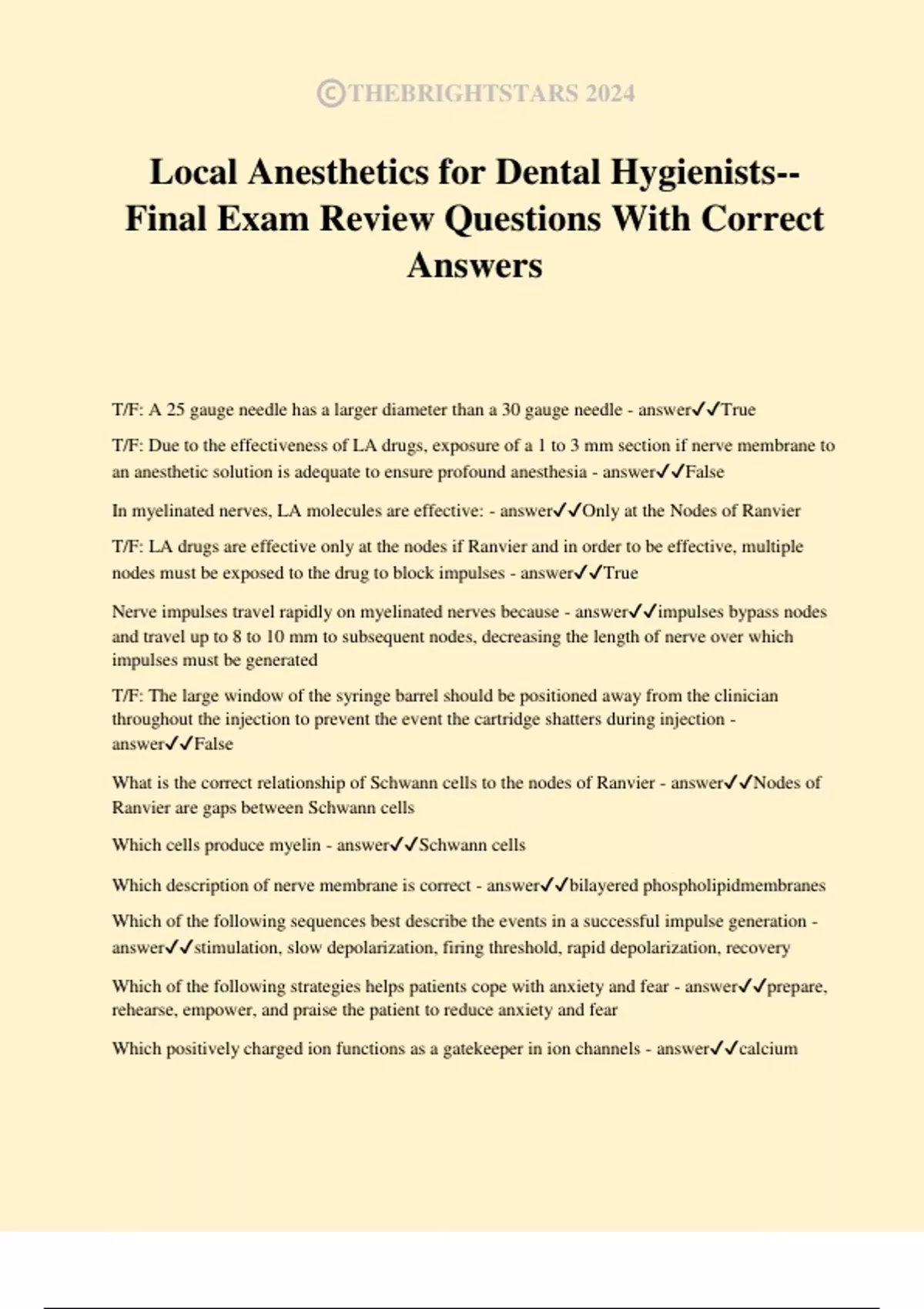 Local Anesthetics for Dental Hygienists-- Final Exam Review Questions ...