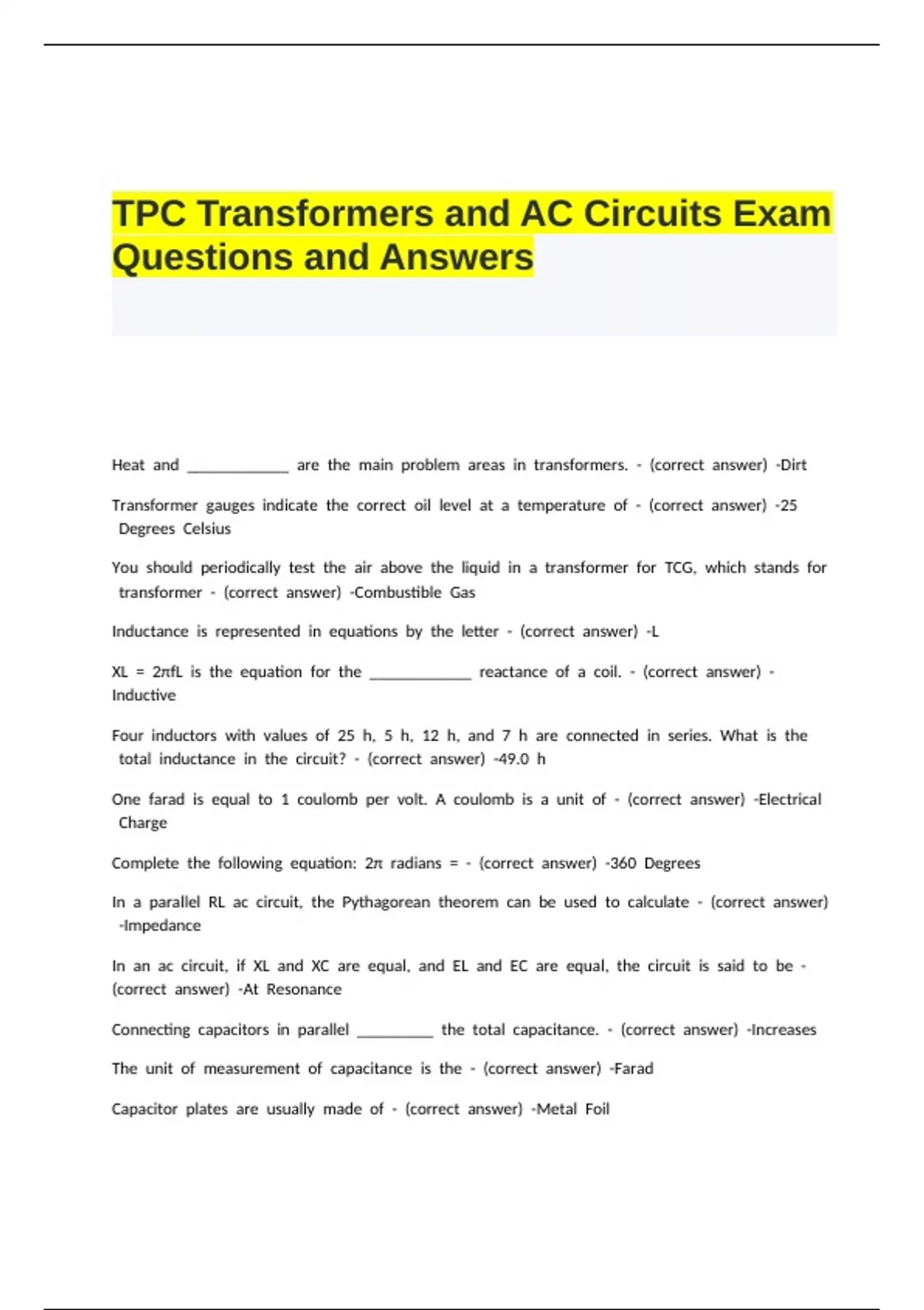 TPC Transformers and AC Circuits Exam Questions and Answers - Tpc ...