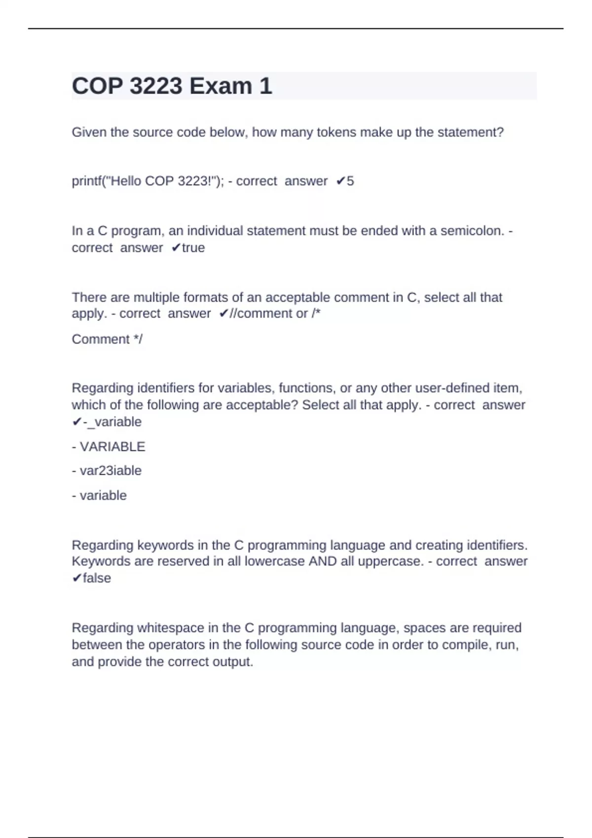 COP 3223 Exam 1 Question and answers already passed 2024 - COP - Stuvia US