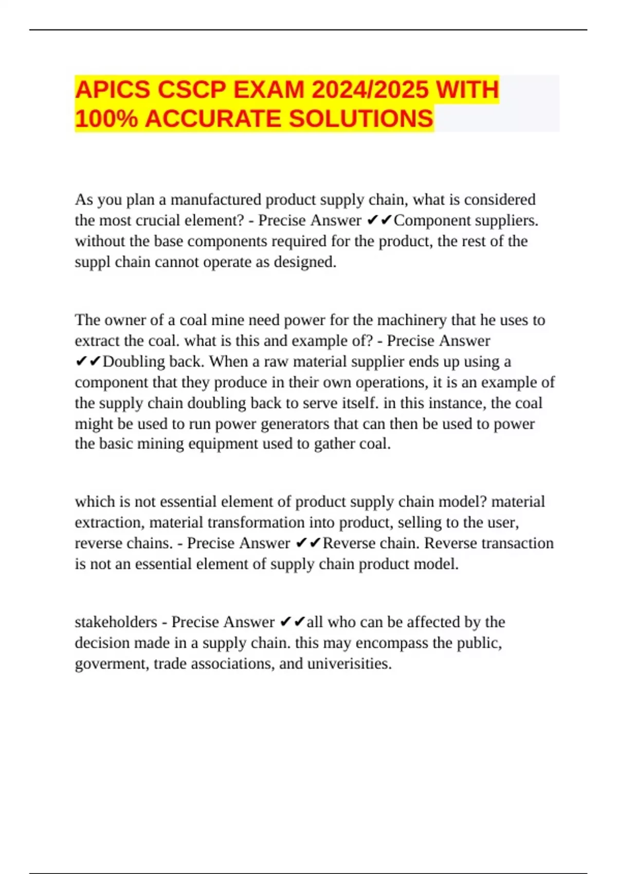 APICS CSCP EXAM 2024/2025 WITH 100% ACCURATE SOLUTIONS - APICS CSCP - Stuvia US