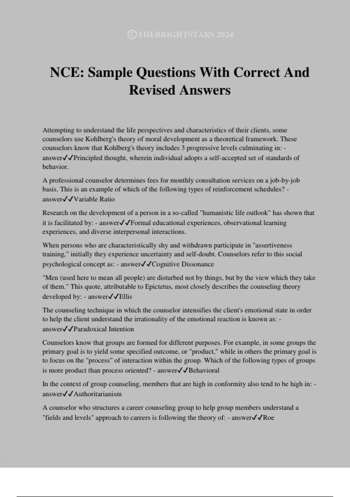 NCE: Sample Questions With Correct And Revised Answers - NCE - Stuvia US