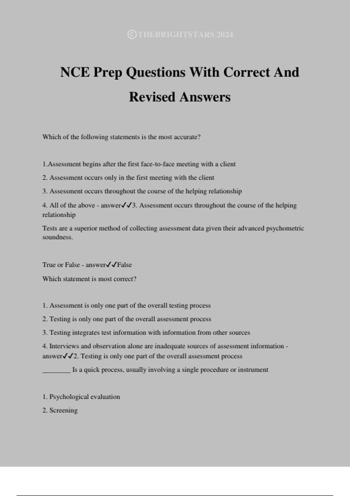 NCE Prep Questions With Correct And Revised Answers - NCE - Stuvia US