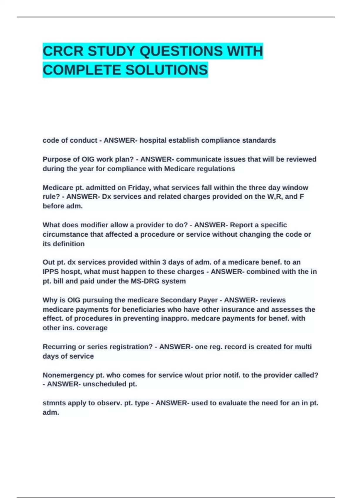 CRCR STUDY QUESTIONS WITH COMPLETE SOLUTIONS - CRCR - Stuvia US