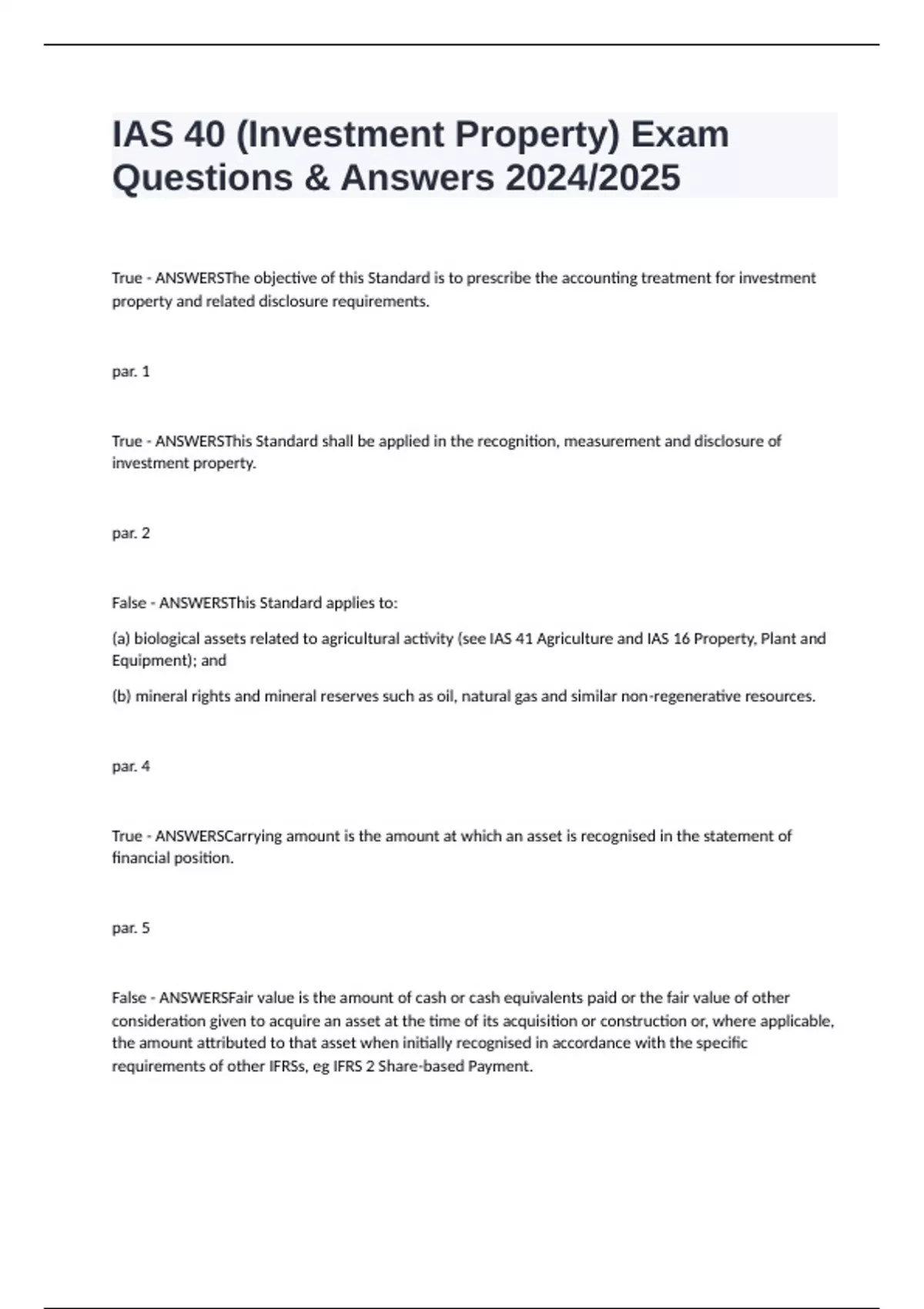 IAS 40 (Investment Property) Exam Questions & Answers 2024/2025 - IAS 40 - Stuvia US