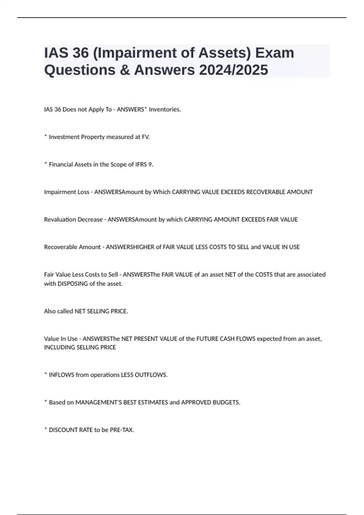 IAS 36 (Impairment of Assets) Exam Questions & Answers 2024/2025 - IAS ...