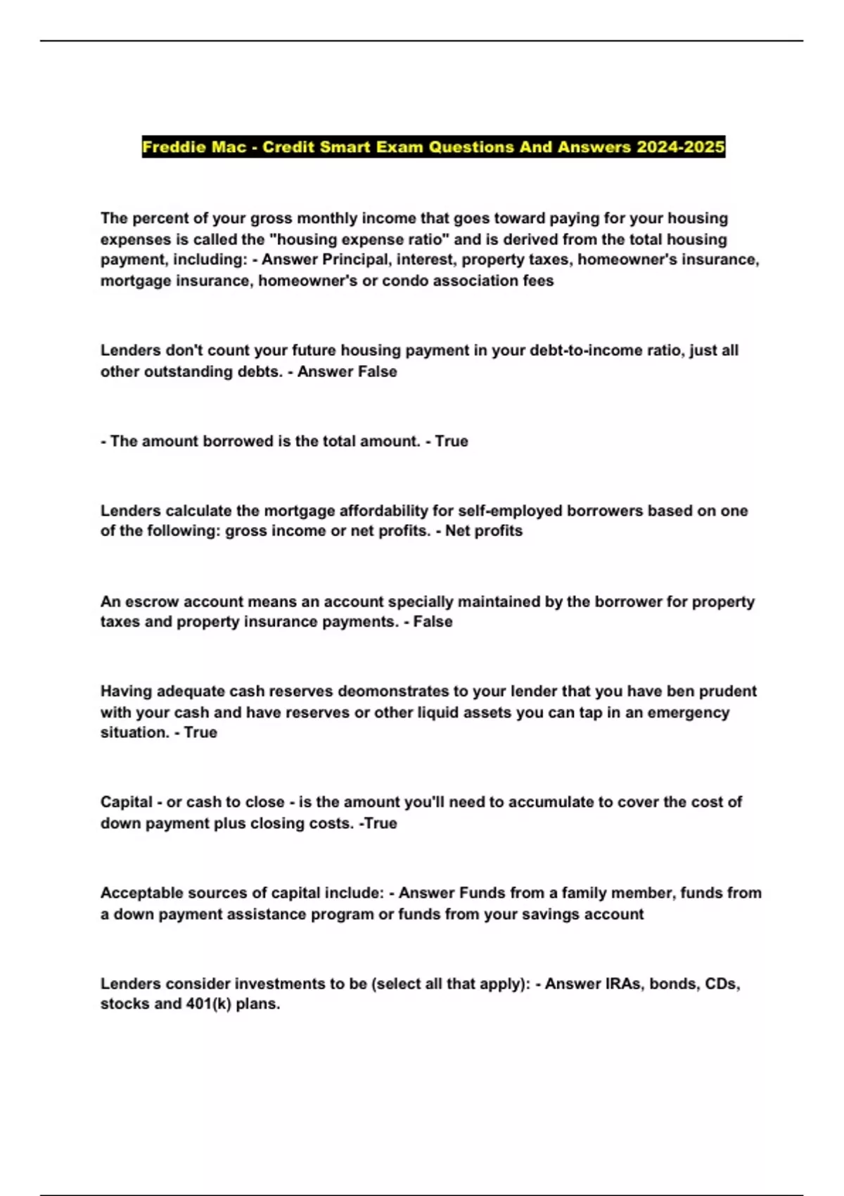 Freddie Mac - Credit Smart Exam Questions And Answers - Freddie Mac ...