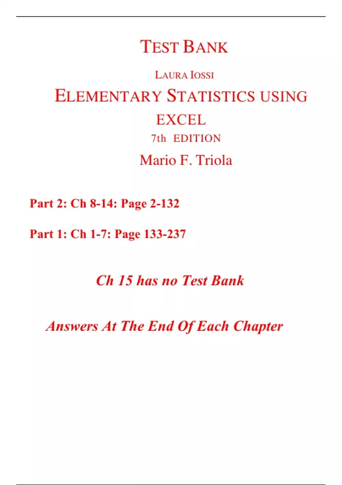 Test Bank For Elementary Statistics Using Excel 7th Edition By Mario ...