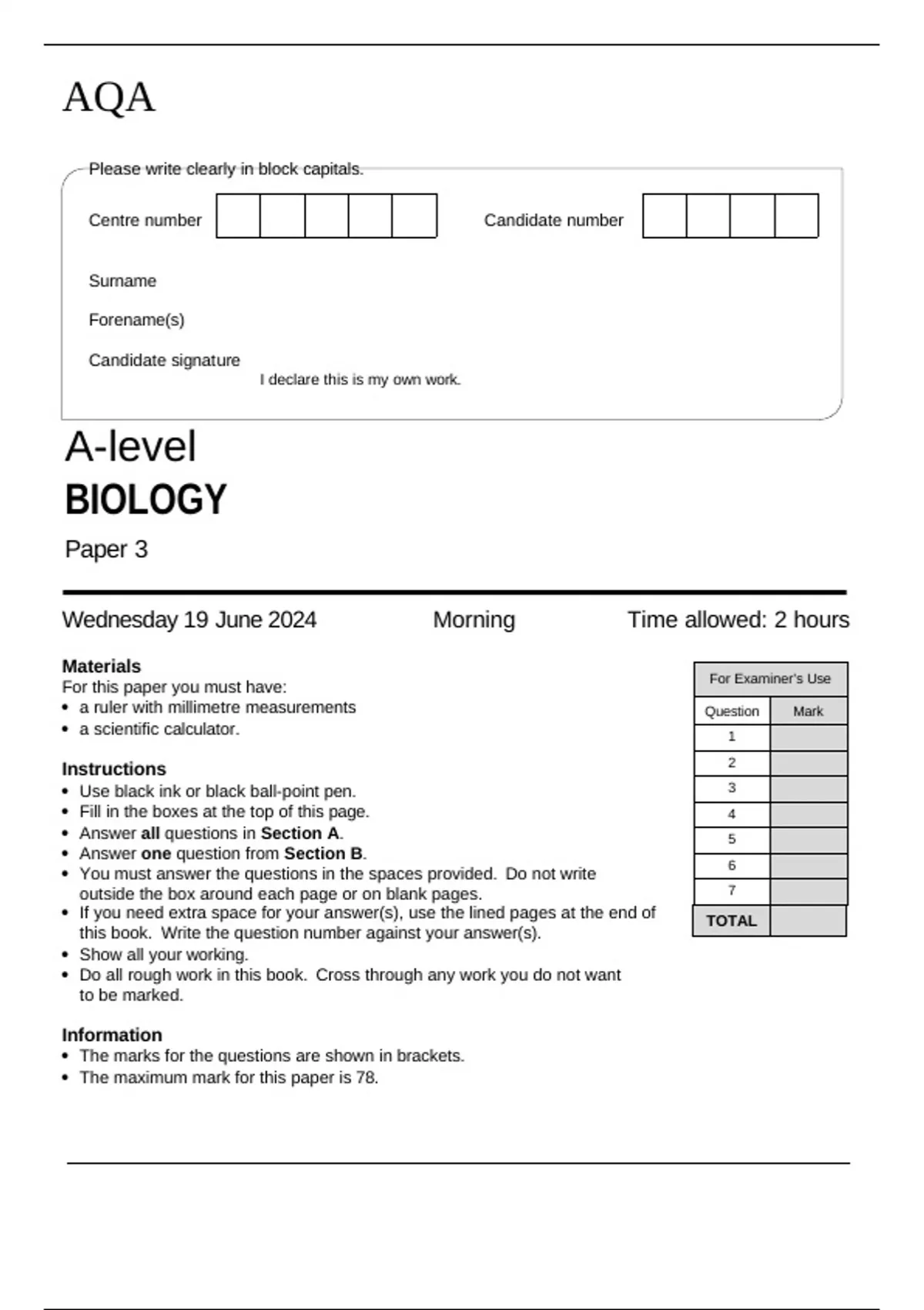 AQA A-level BIOLOGY Paper 3 June 2024 June 2024 - 7401 - Stuvia UK