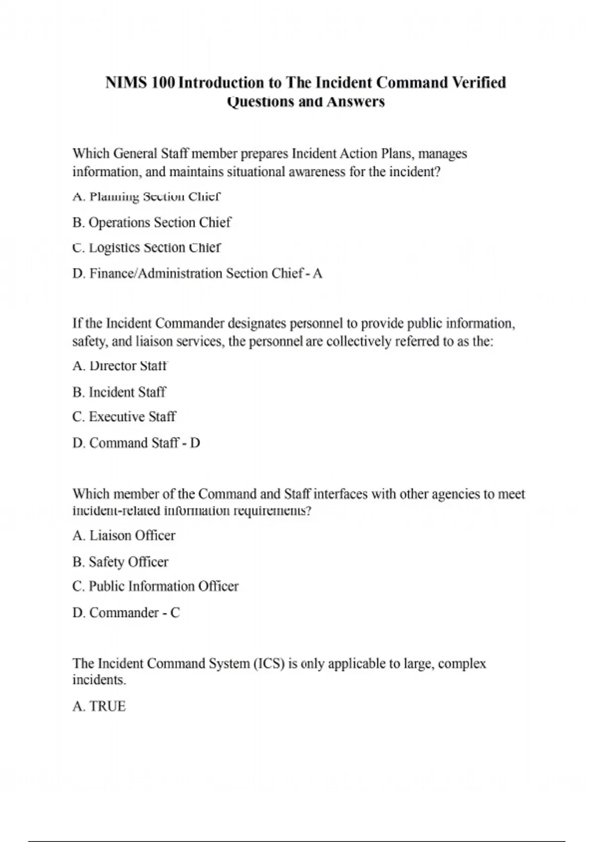 NIMS 100 Introduction to The Incident Command Verified Questions and ...