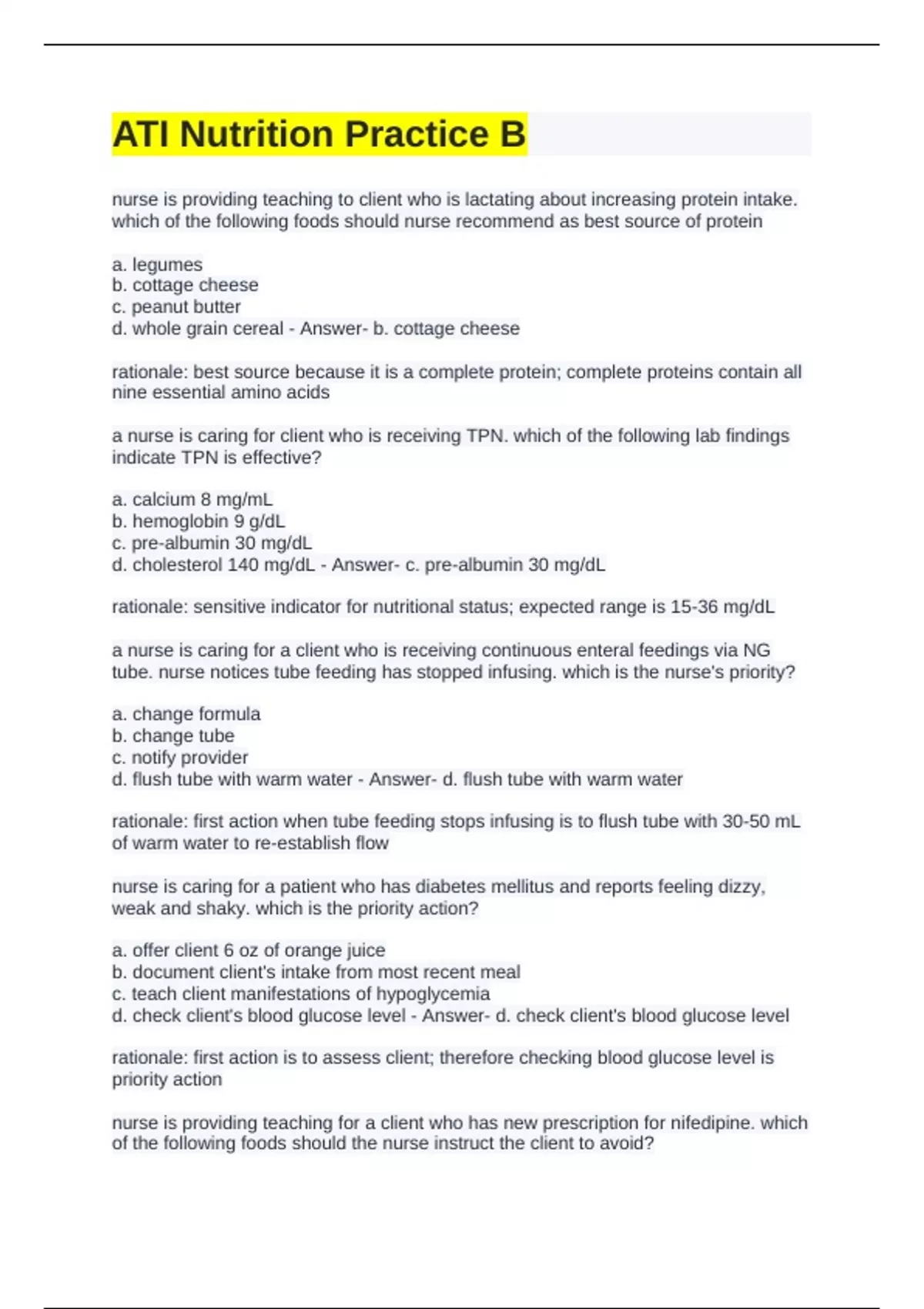 ATI Nutrition Practice B Questions and Answers - ATI Nutrition Practice ...