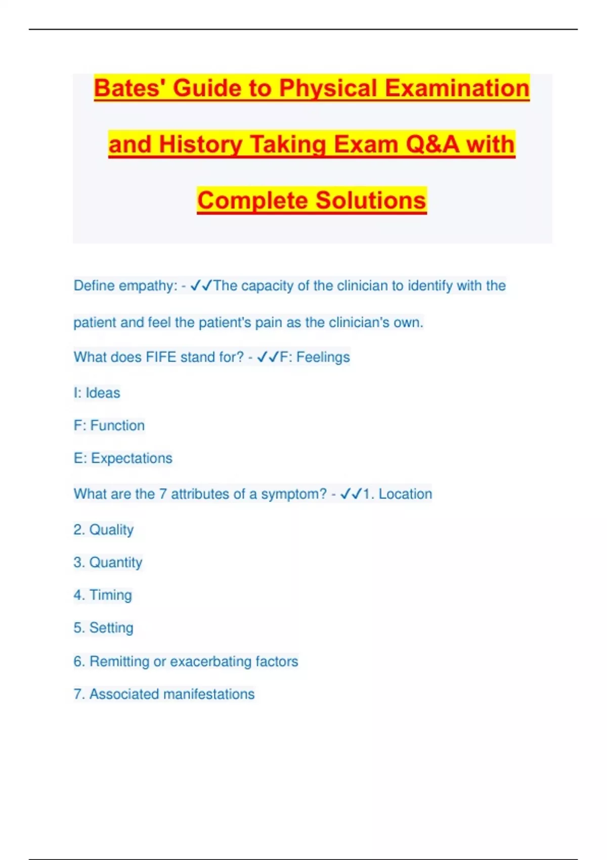 Bates' Guide to Physical Examination and History Taking Exam Q&A with ...