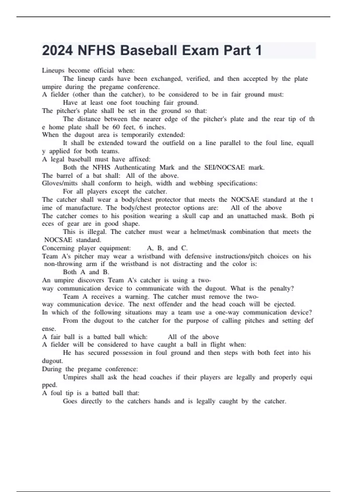 2024 NFHS Baseball Exam Part 1 - 2024 NFHS Baseball Rules - Stuvia US
