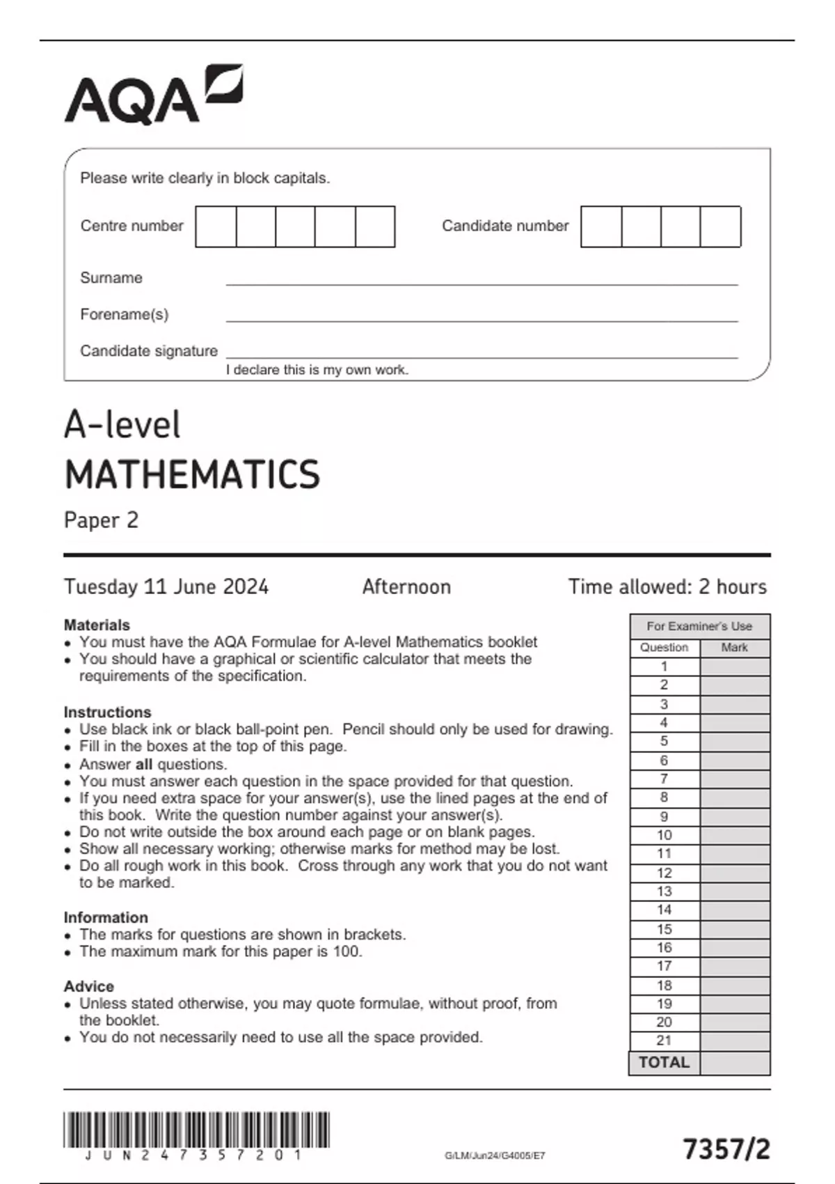 AQA A-Level Mathematics Paper 2 june 2024 (7357/2) - AQA - Stuvia US