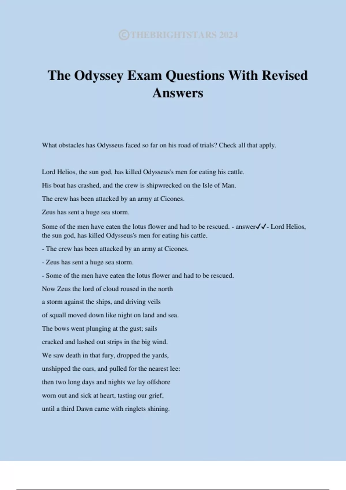 The Odyssey Exam Questions With Revised Answers - The Odyssey - Stuvia US