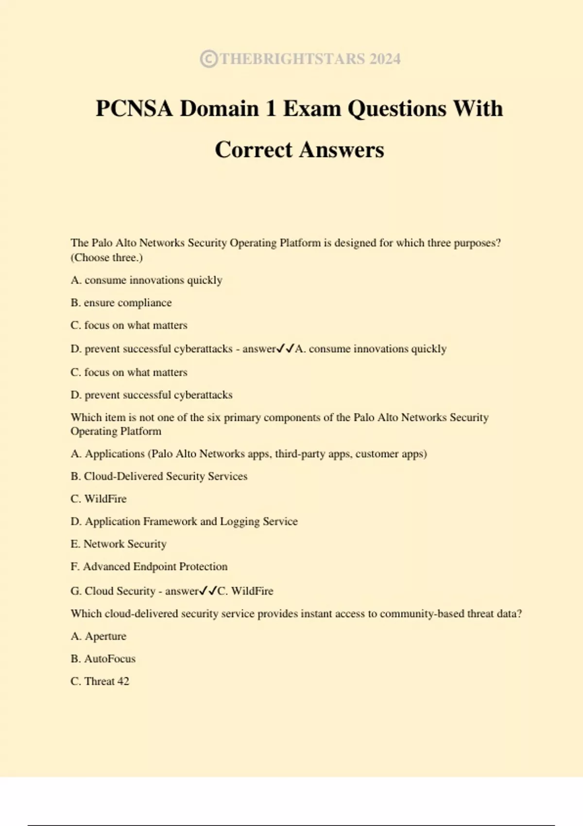 PCNSA Domain 1 Exam Questions With Correct Answers - PCNSA - Stuvia US