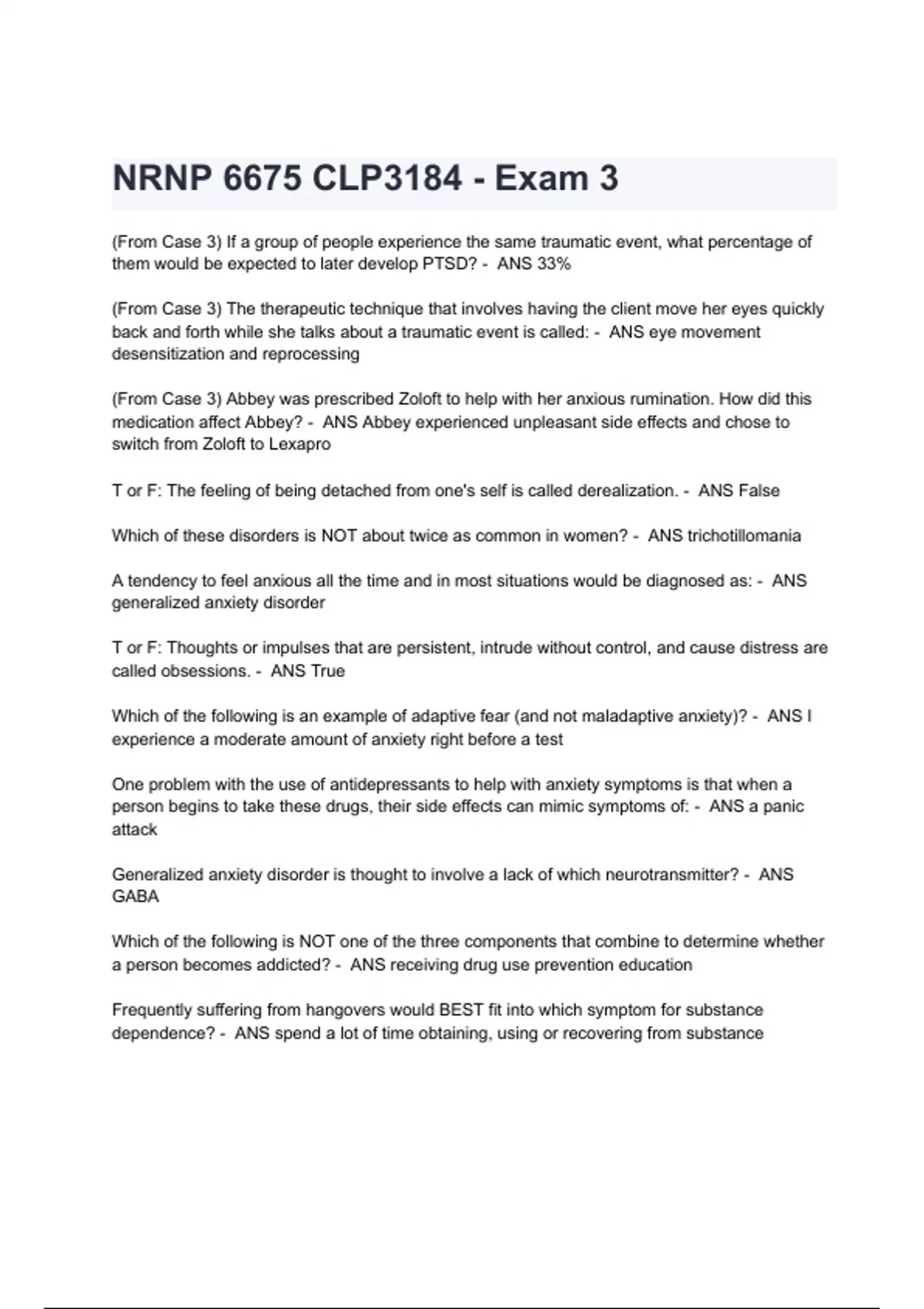 NRNP 6675 CLP3184 - Exam 3 Questions and Answers 2024( A+ GRADED 100% ...