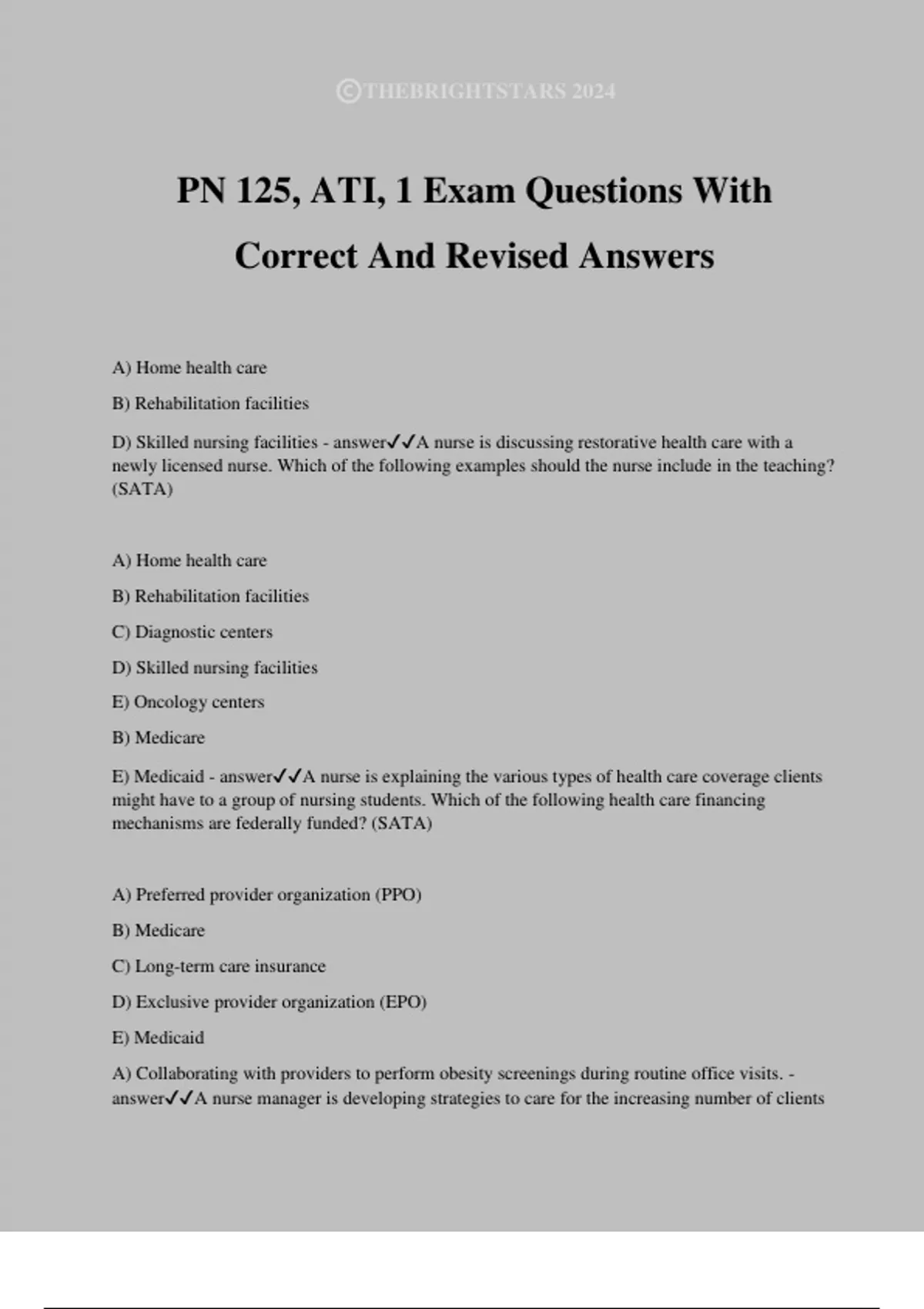PN 125, ATI, 1 Exam Questions With Correct And Revised Answers - PN 125 ...