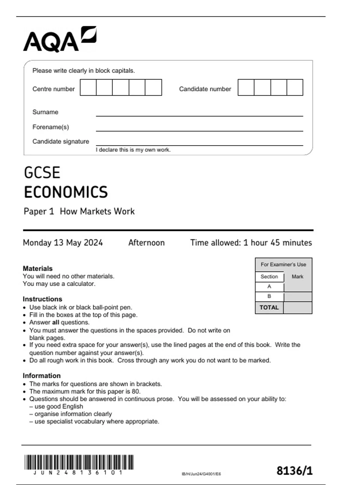 AQA GCSE ECONOMICS PAPER 1 QUESTION PAPER AND MARK SCHEME 2024/2025 ...
