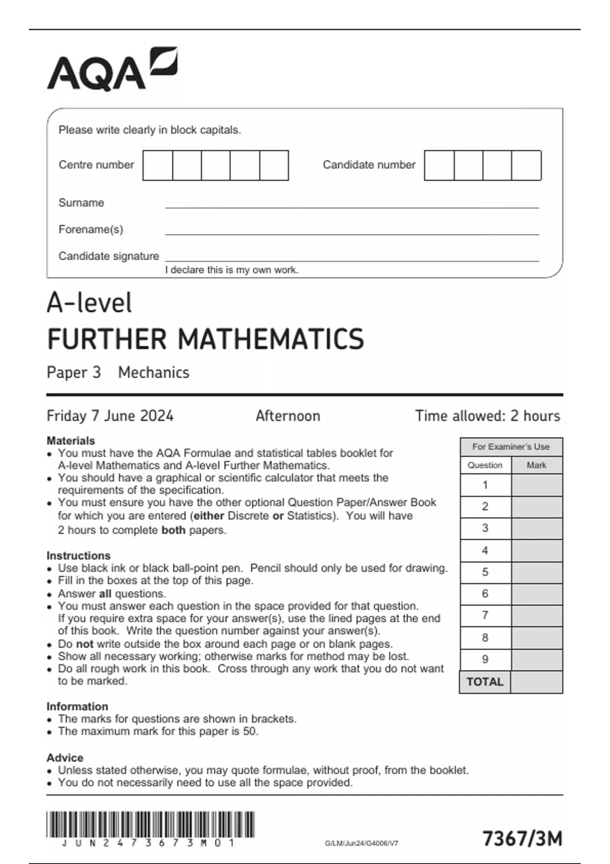 AQA A-Level Further Mathematics Paper 3 Mechanics June 2024(7367/3M ...
