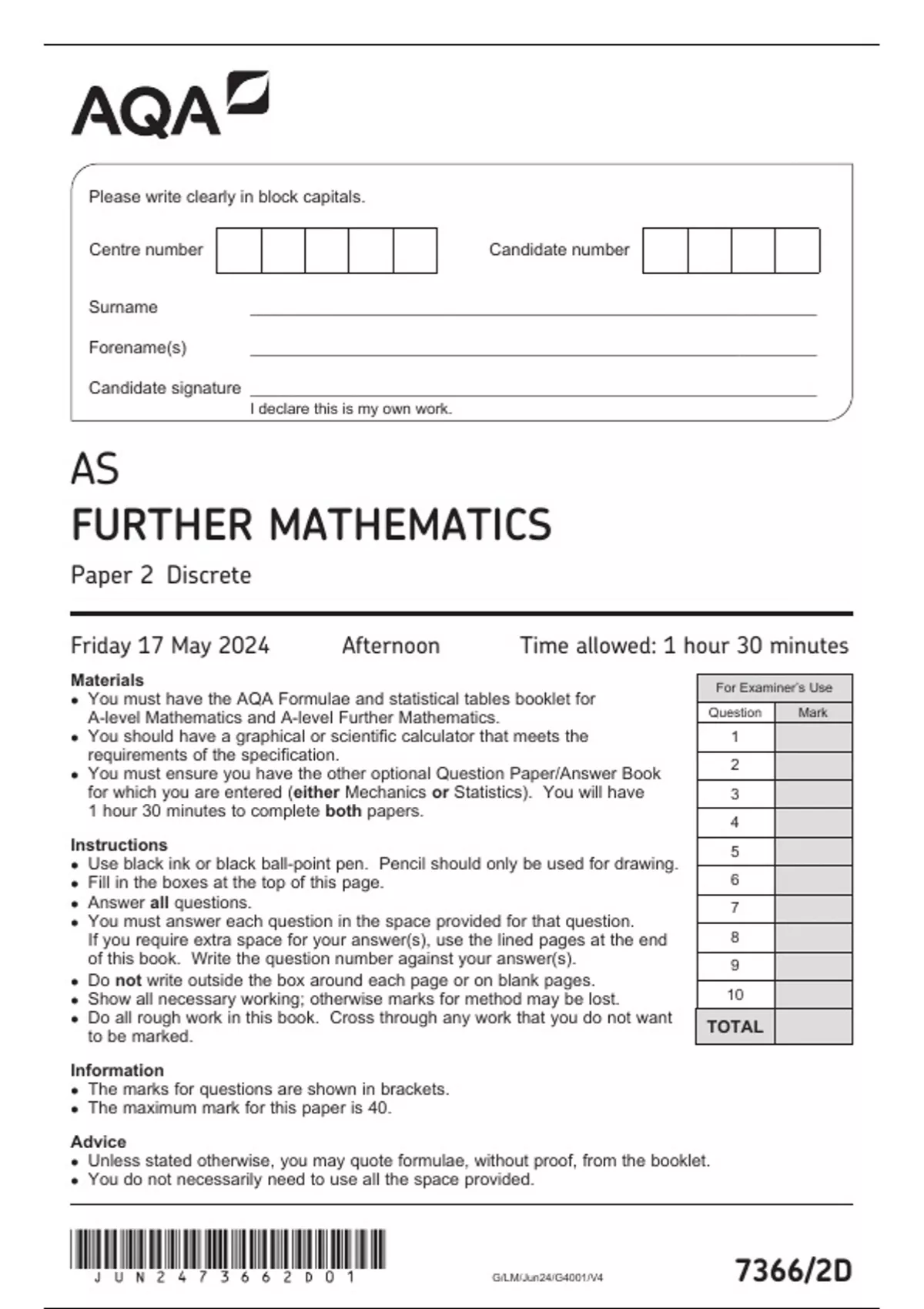 AQA AS Further Mathematics Paper 2 Discrete May 2024(7366/2D) - AQA ...