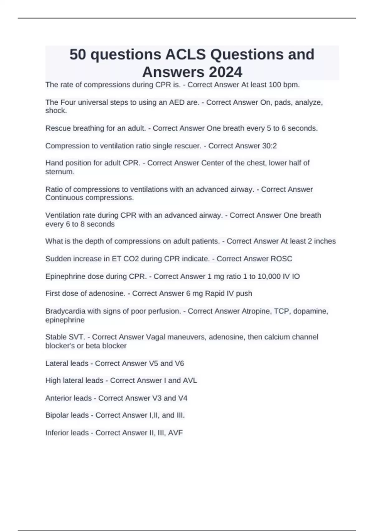50 questions ACLS Questions and Answers 2024 - AHA ACLS - Stuvia US