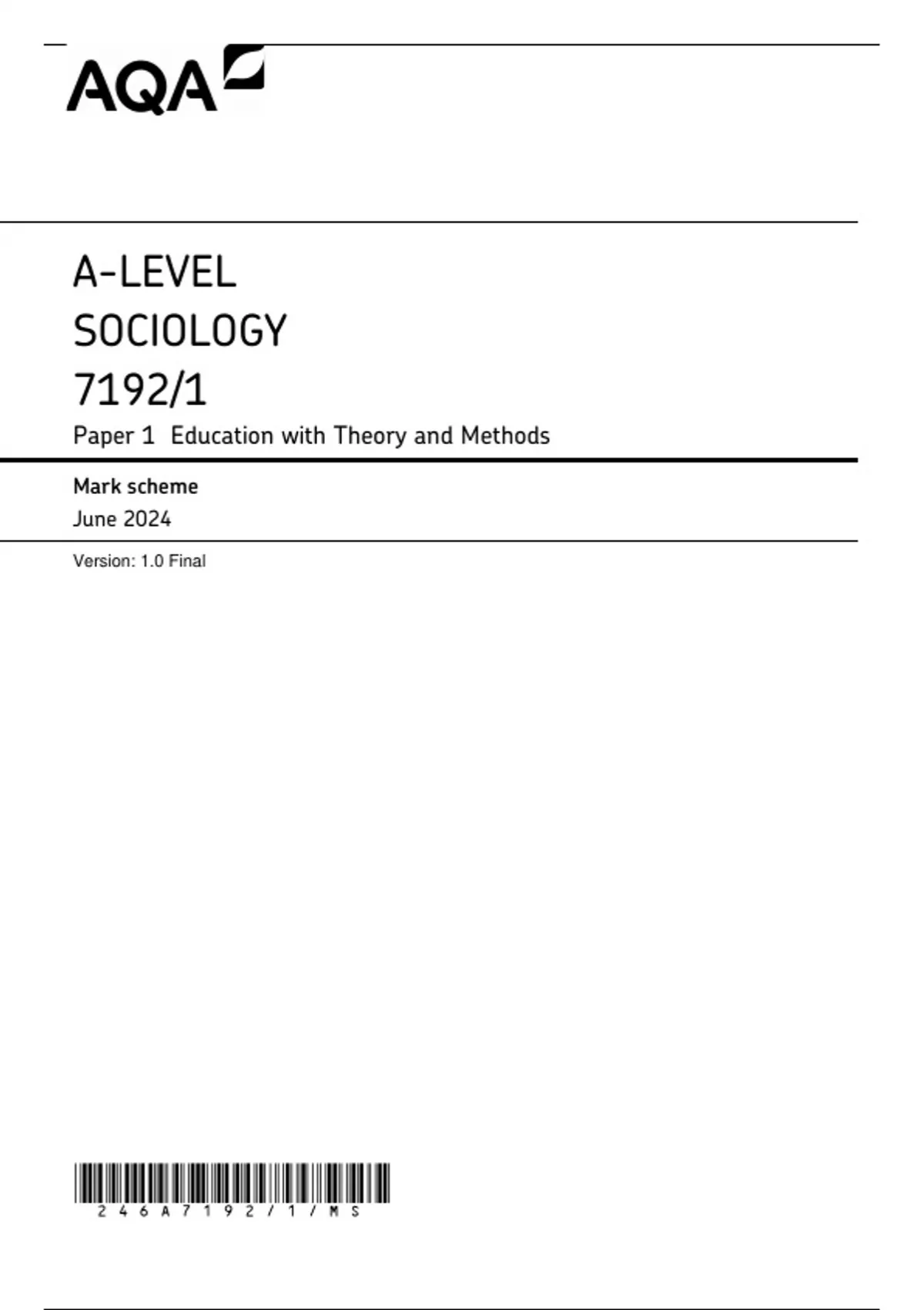 AQA A-level SOCIOLOGY Paper 1:Education with Theory and Methods(7192/1)June 2024 - Aqa - Stuvia US
