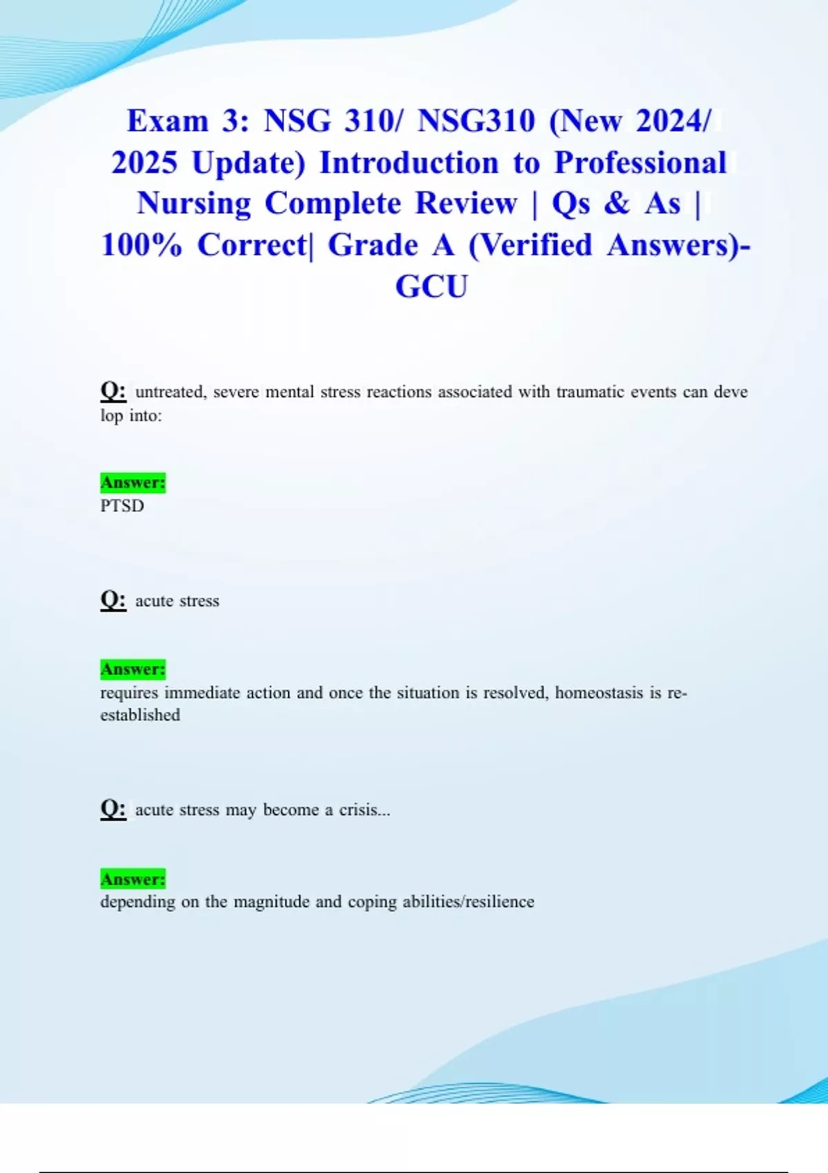 Exam 3: NSG 310/ NSG310 (New 2024/ 2025 Update) Introduction to ...