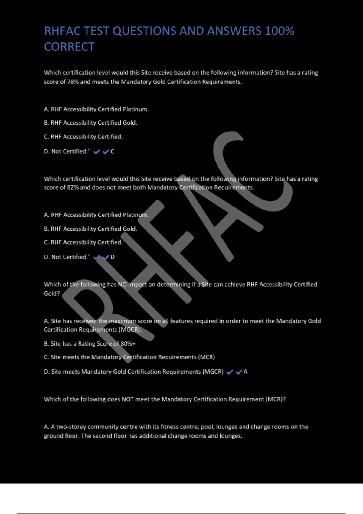 RHFAC TEST QUESTIONS AND ANSWERS 100% CORRECT - RHFAC - Stuvia US