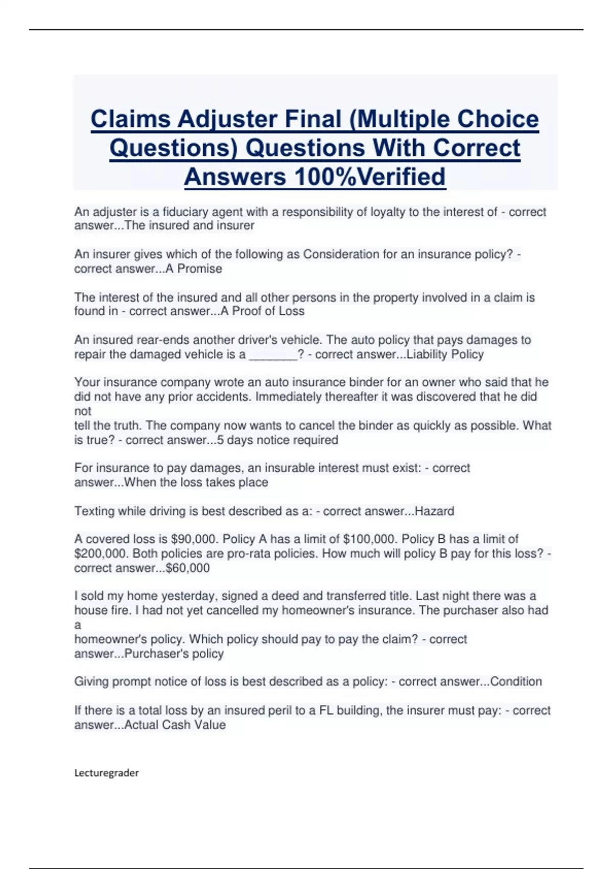 Claims Adjuster Final (Multiple Choice Questions) Questions With ...