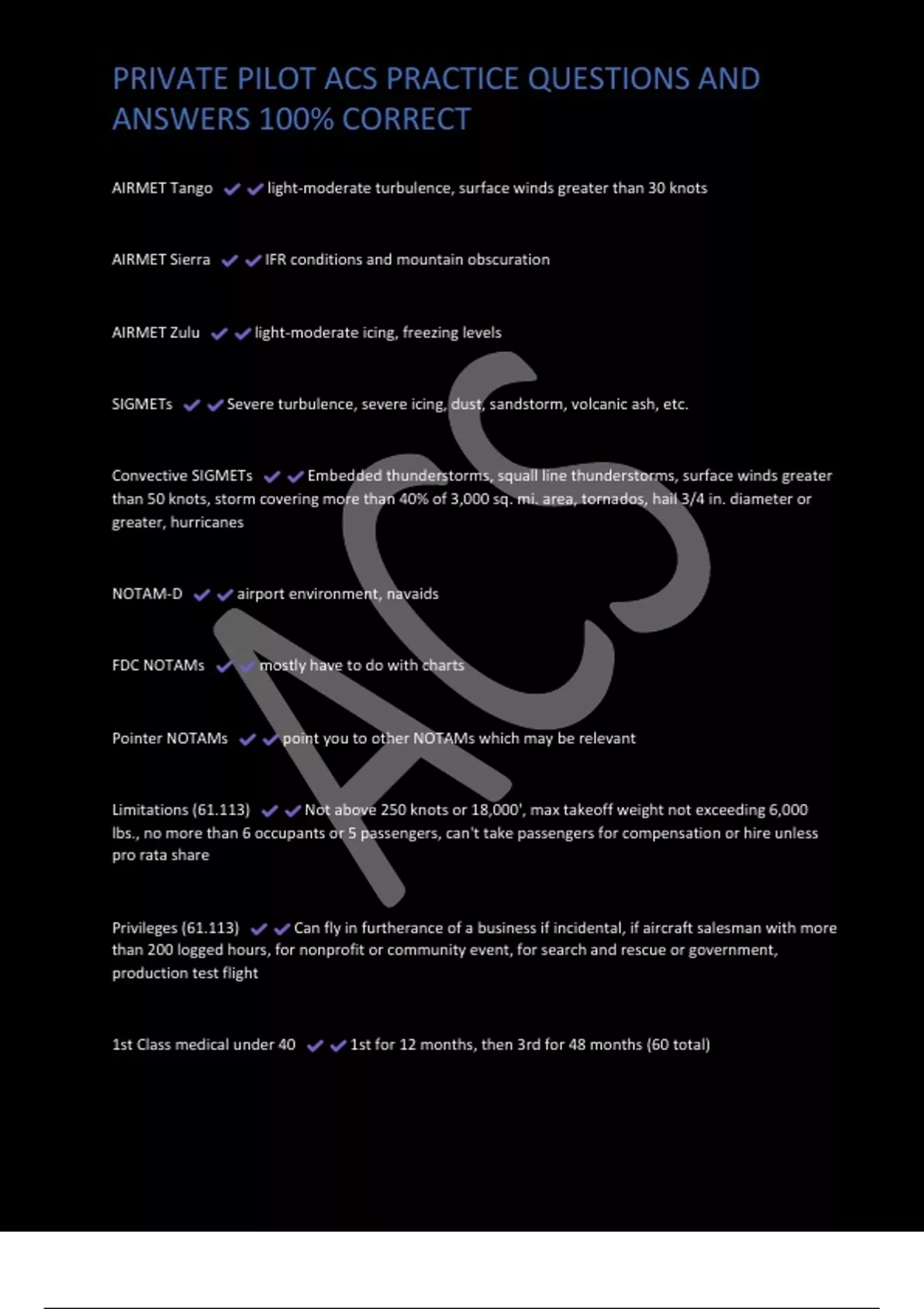 PRIVATE PILOT ACS PRACTICE QUESTIONS AND ANSWERS 100% CORRECT - ACS ...
