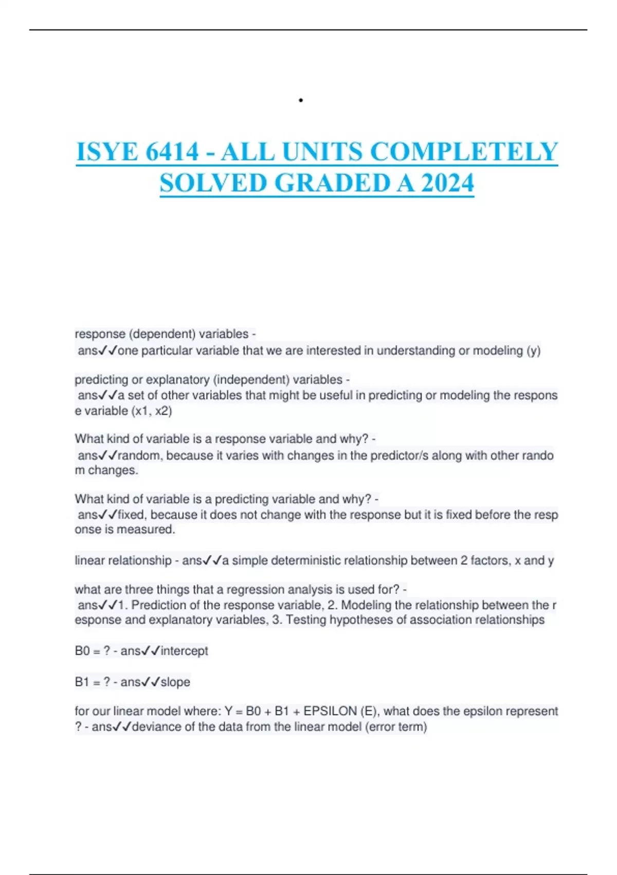 ISYE 6414 - ALL UNITS COMPLETELY SOLVED GRADED A 2024 - ISYE 6414 - Stuvia US