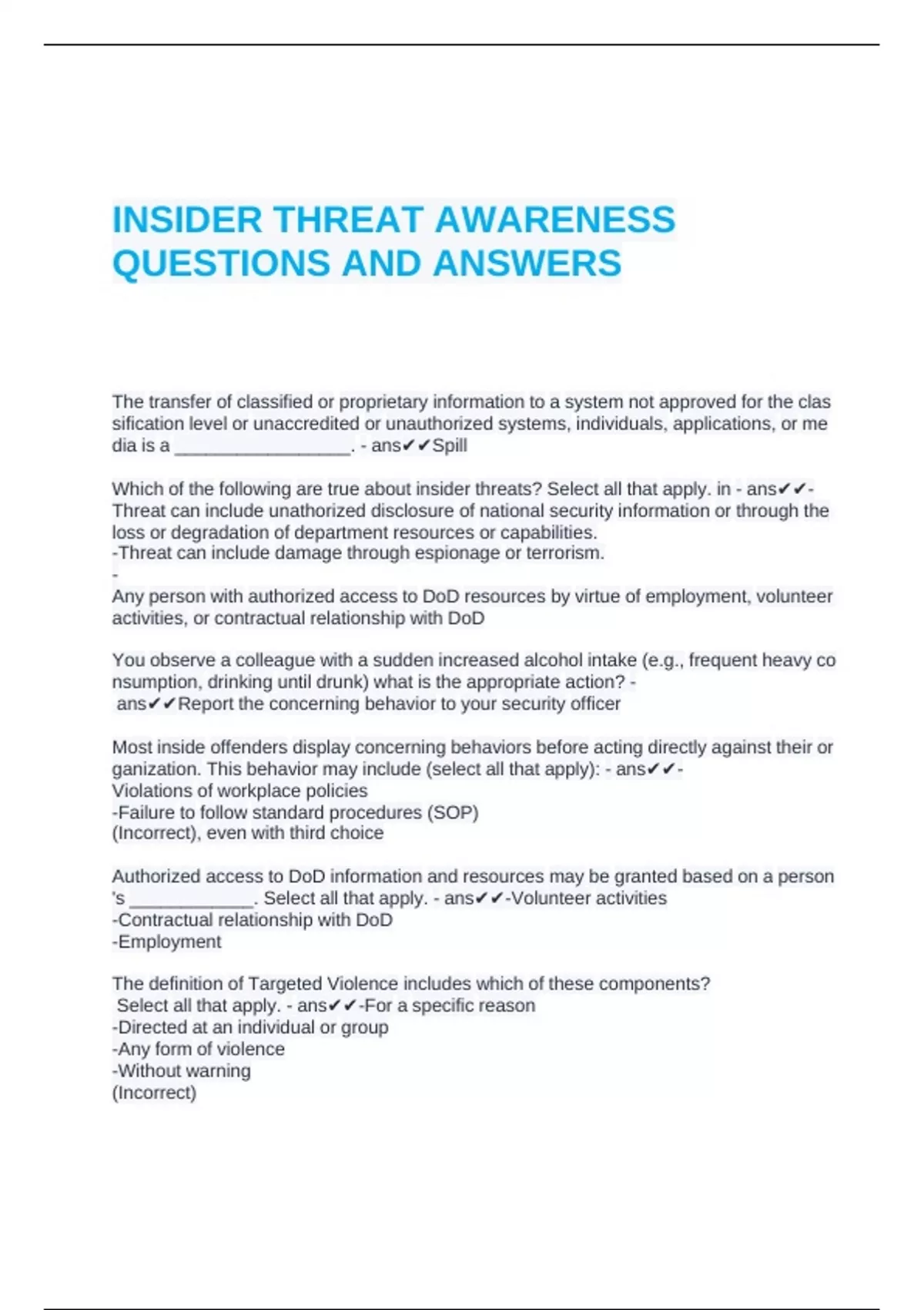 DoD Insider Threat Awareness All Possible 2024 Questions and Answers ...